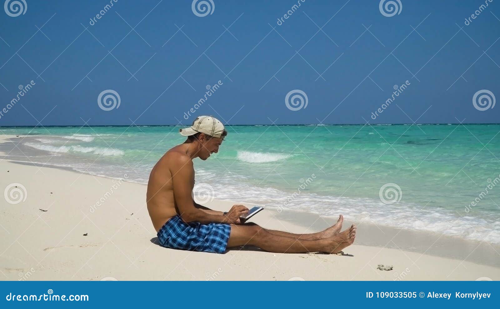 Man with the Tablet on the Beach Stock Image - Image of leisure ...