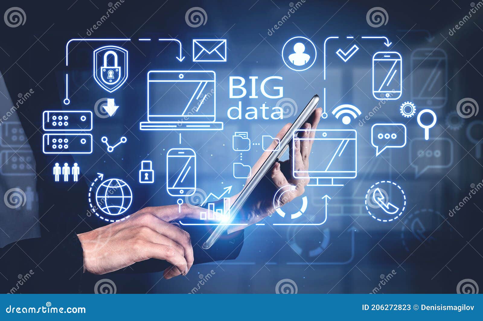 Man with Tablet and Big Data Interface Stock Image - Image of computer ...