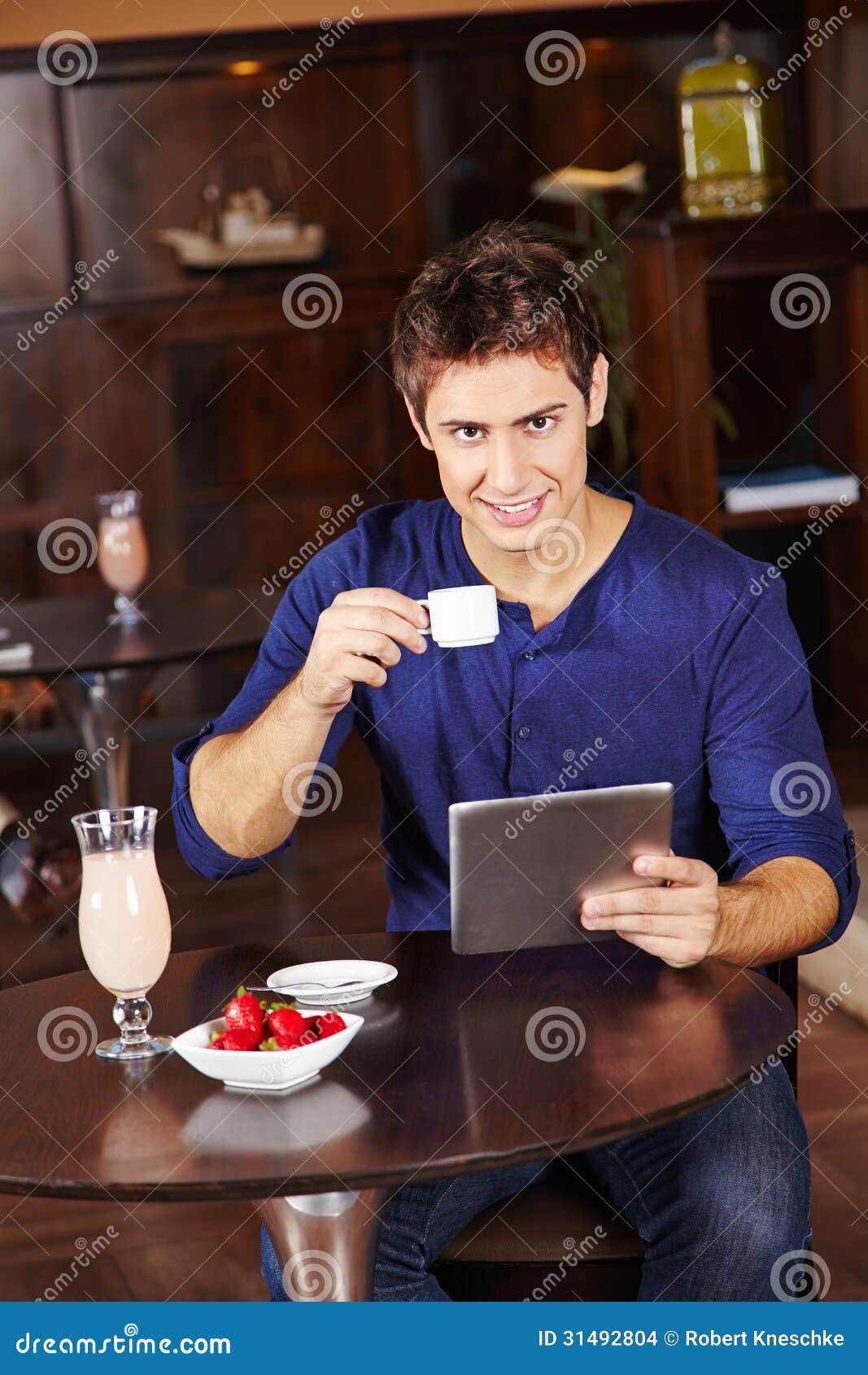 Man with Tablet Computer Drinking Coffee Stock Photo - Image of drink ...