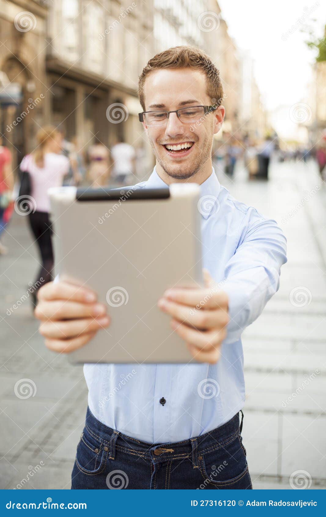Man with Tablet Computer in Public, Smiling Stock Photo - Image of ...