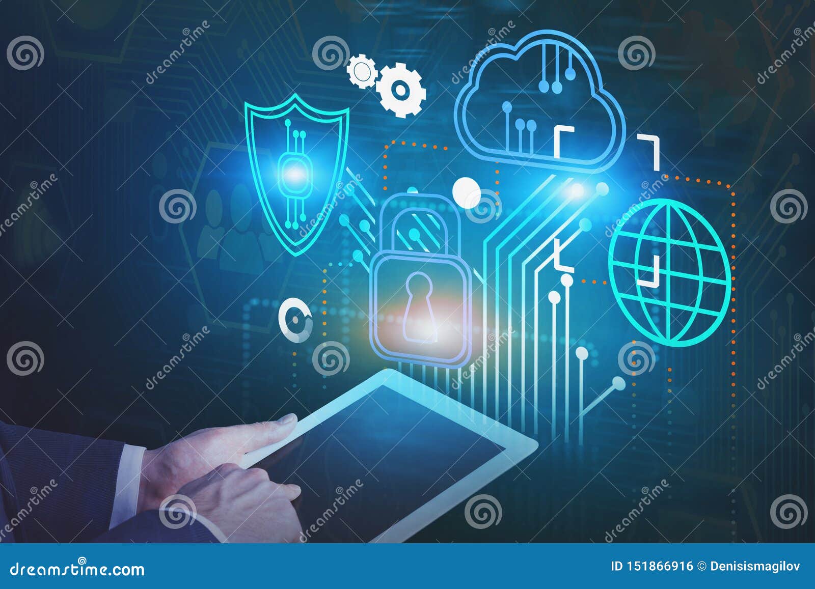 Man with Tablet, Cyber Security Interface Stock Photo - Image of ...