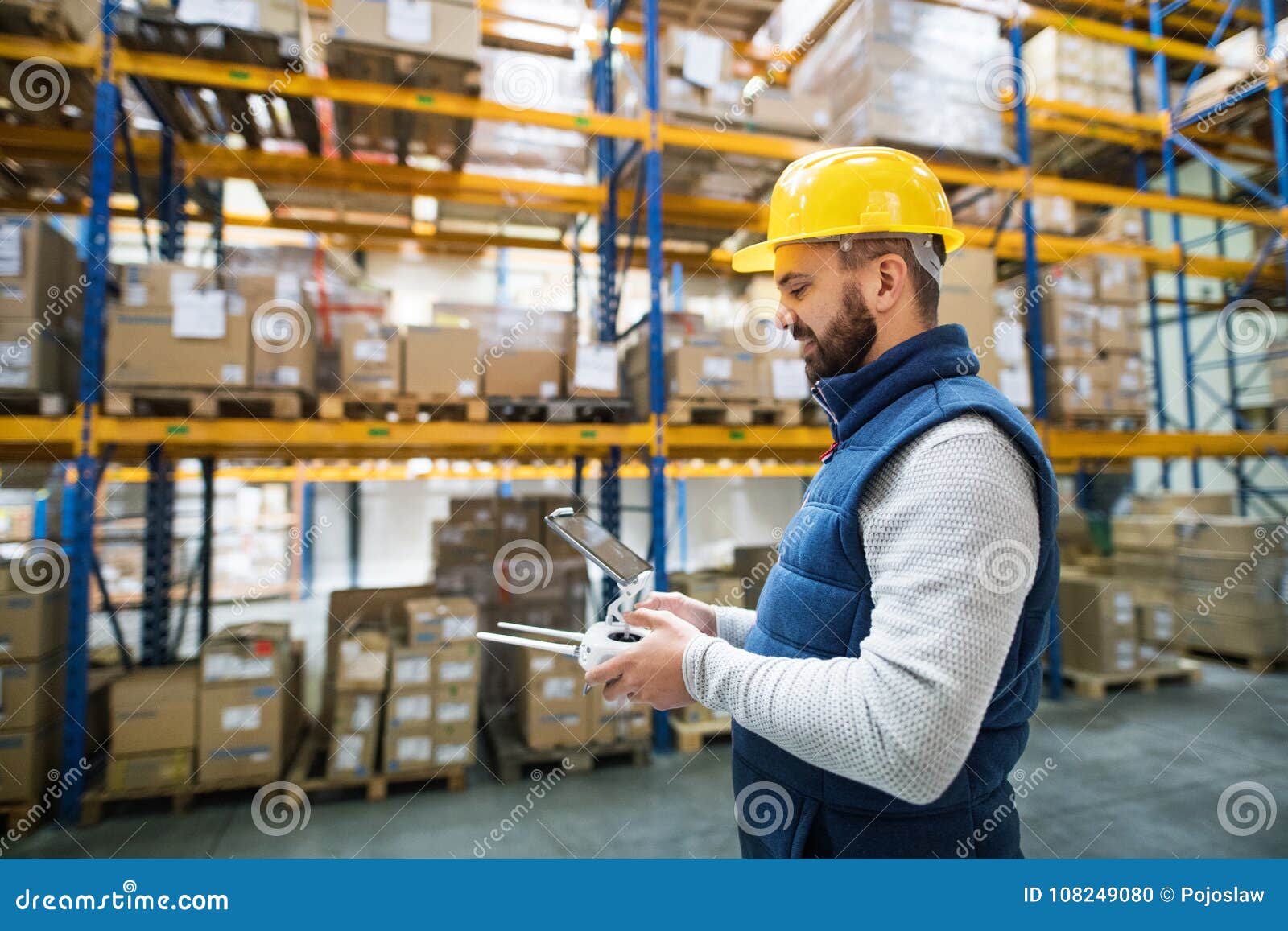 Man with Tablet and Drone Controller in a Warehouse. Stock Photo ...