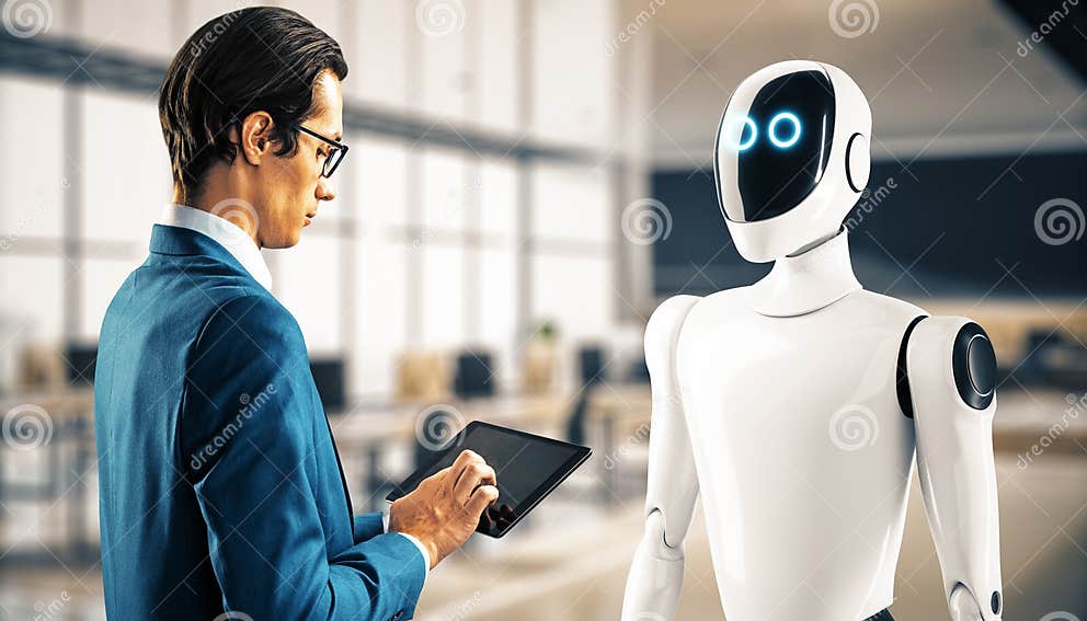 Man with Tablet Interacting with Humanoid Robot in Office Environment ...