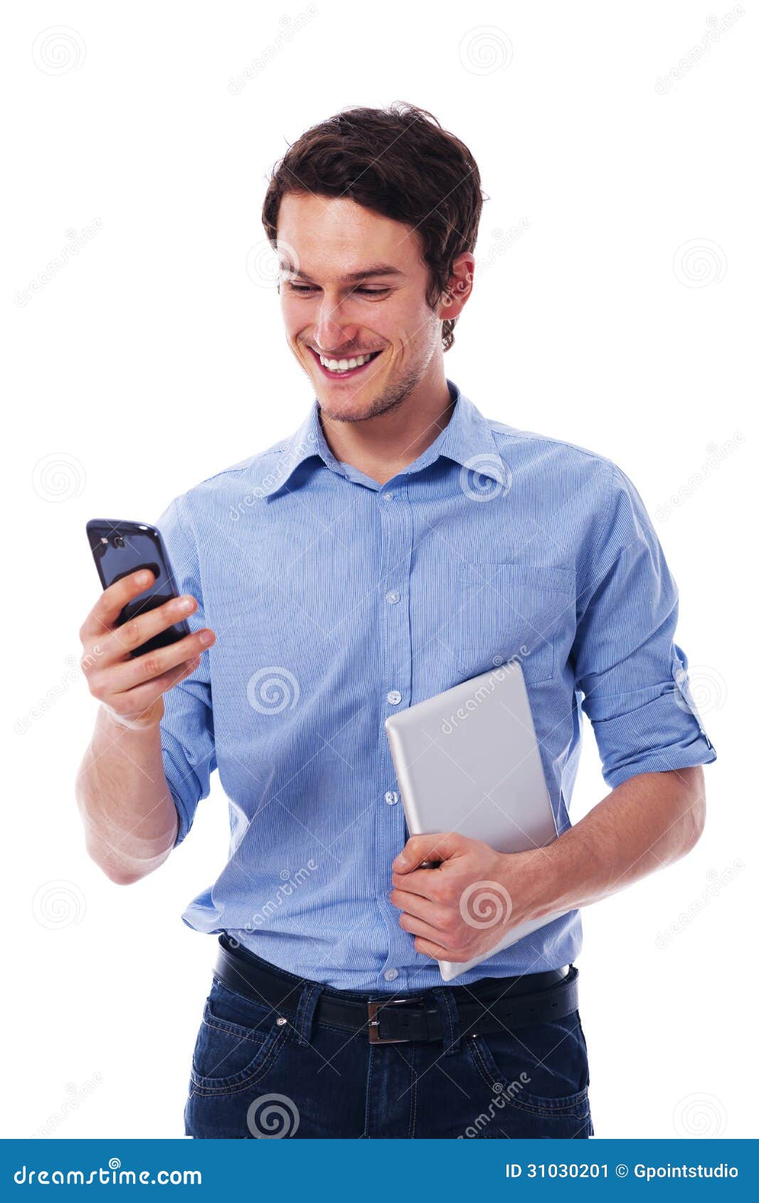 Man with Tablet and Mobile Phone Stock Image - Image of mobility ...