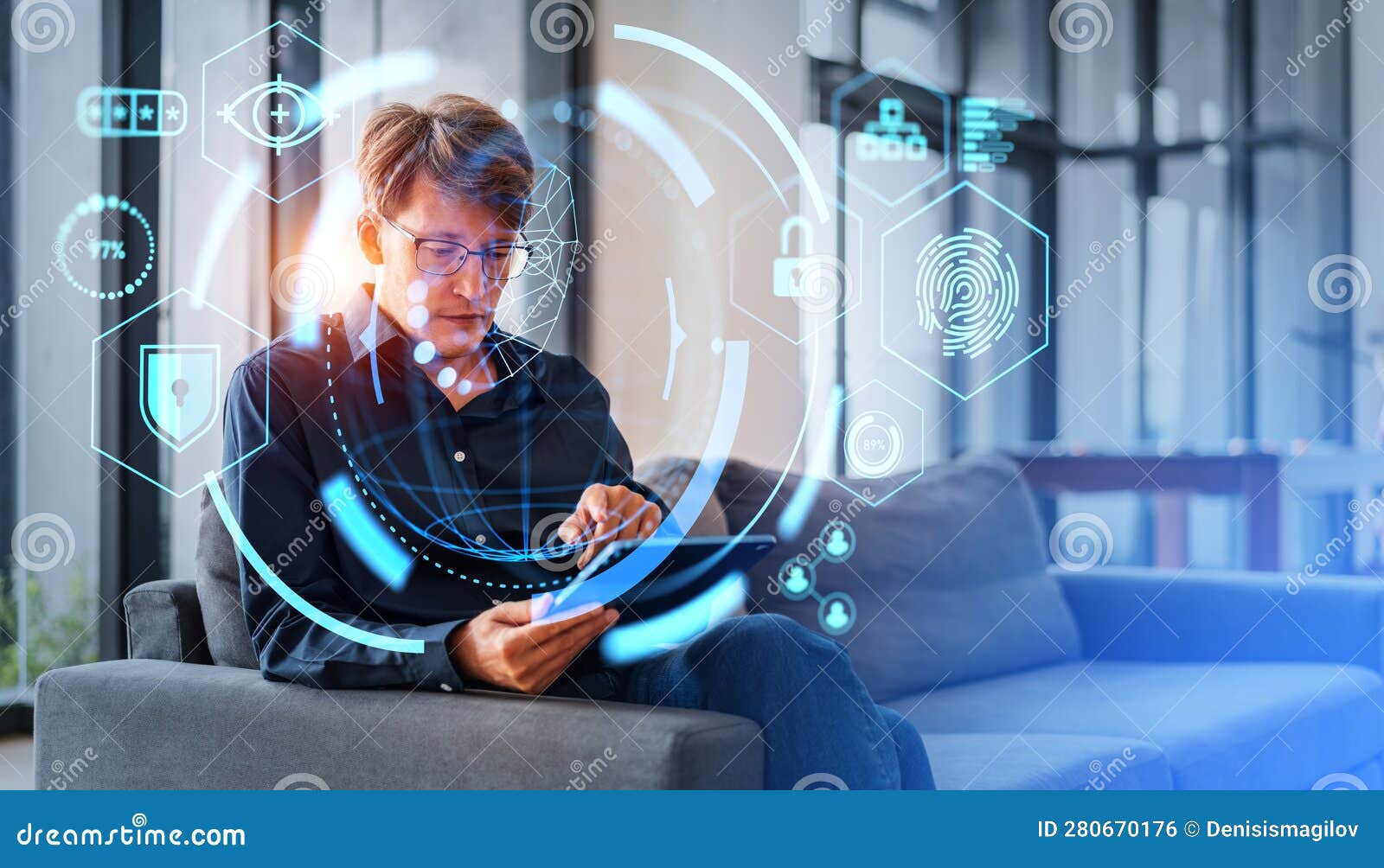 Man with Tablet in Office, Facial Recognition Interface Stock Photo ...