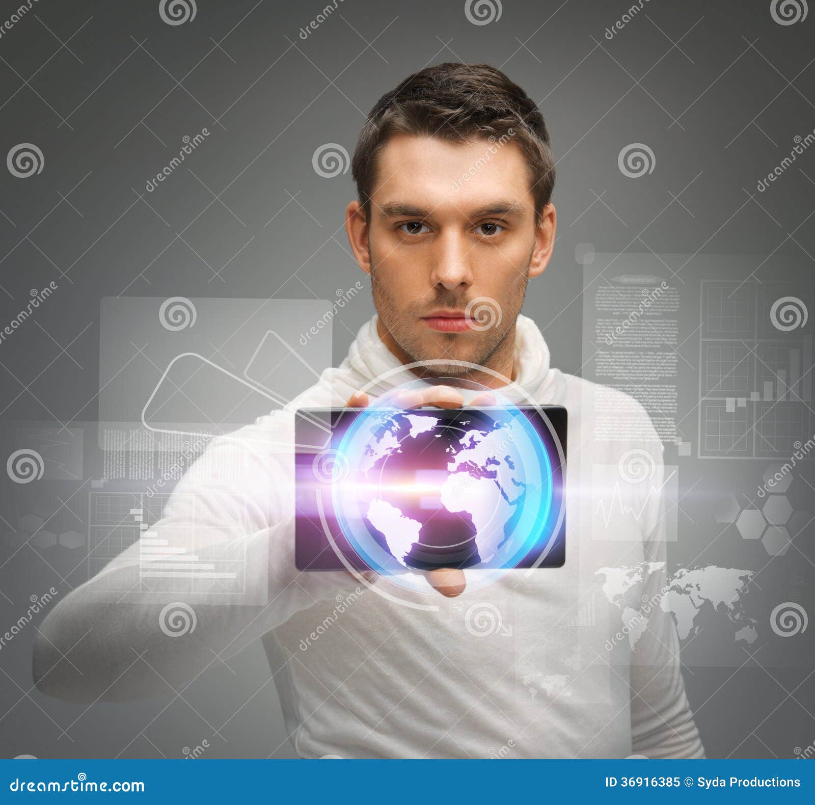 Man with Tablet Pc and Virtual Screens Stock Image - Image of data ...