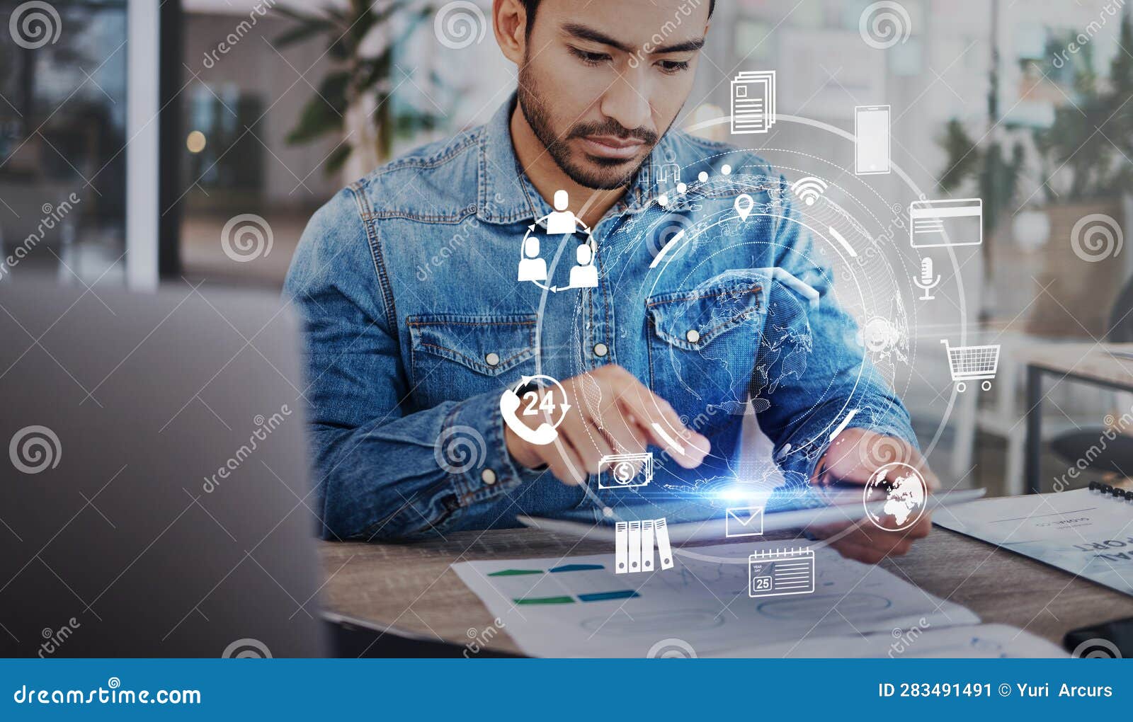 Man, Tablet and Startup with Hologram App Ui, Web Design or Creativity ...