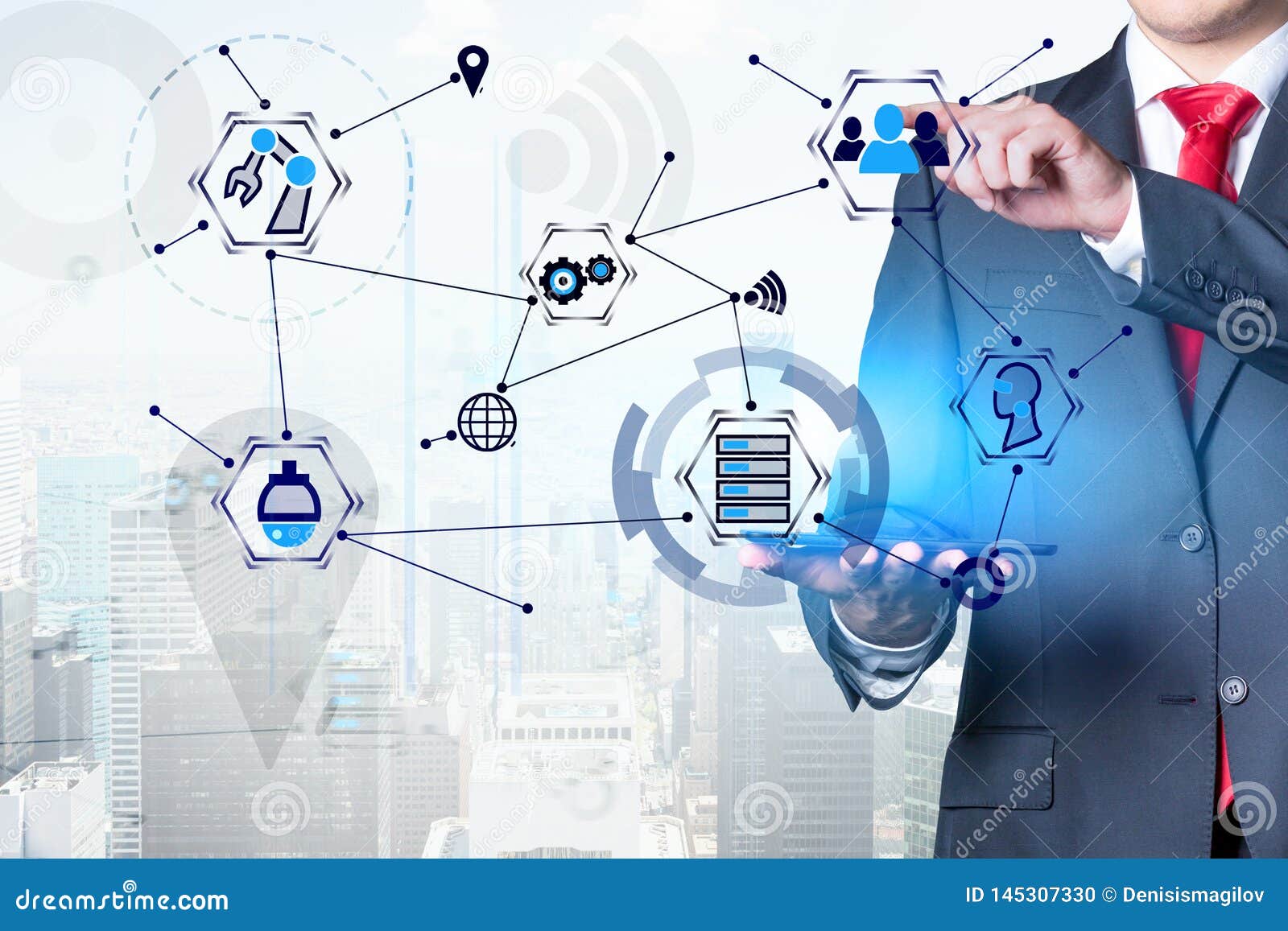 Man with Tablet Working with GUI Interface Stock Photo - Image of ...