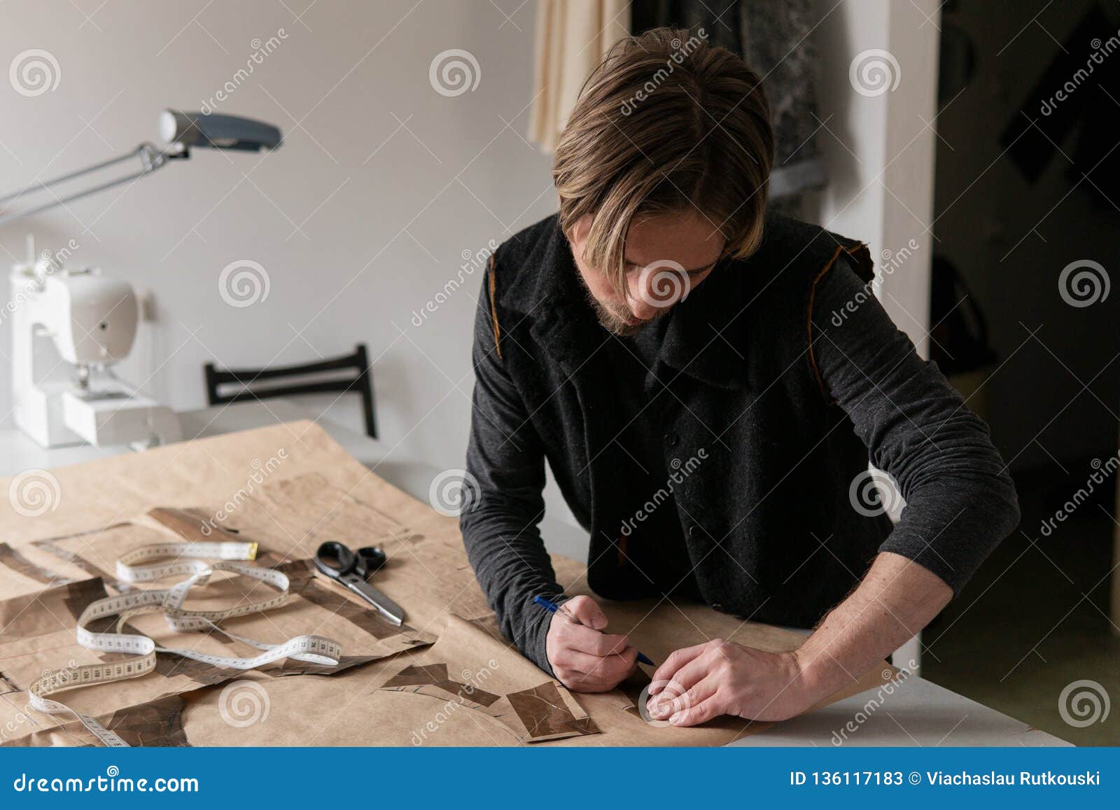 Man Tailor Making Clothing Pattern while Work in Workshop Stock Image ...