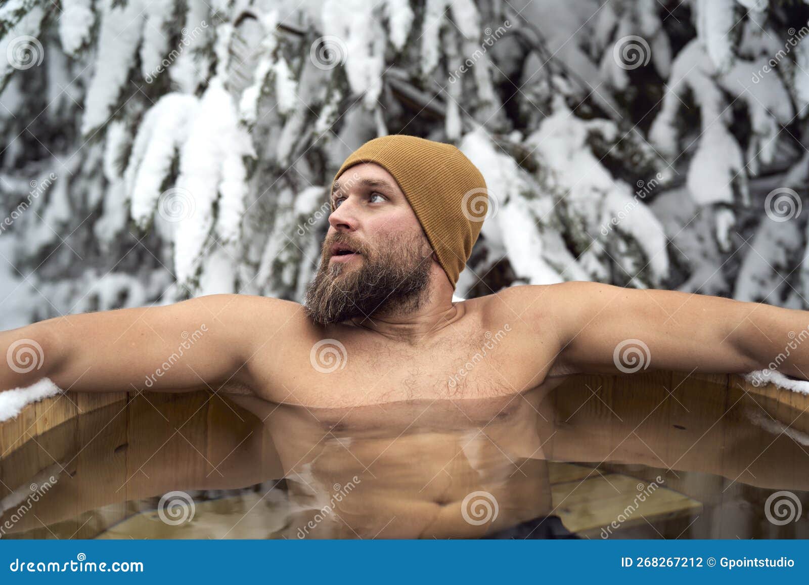 Man Take the Winter Bath in Tube Outdoors Stock Photo - Image of ...
