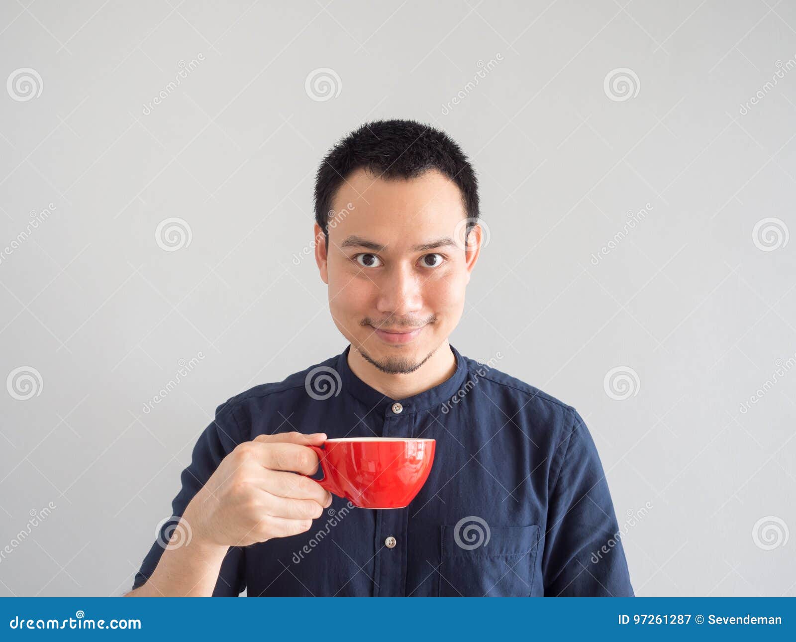 Man Takes a Sip of Coffee in Red Cup. Stock Image - Image of joyful ...