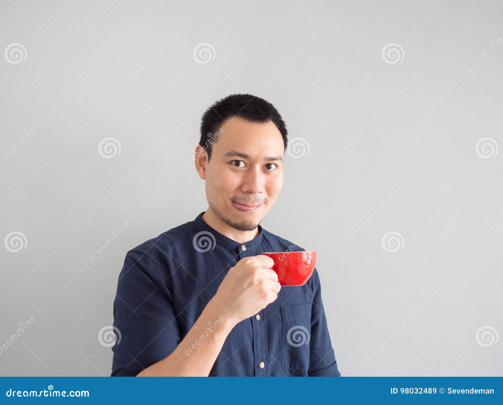 Man Takes a Sip of Coffee in Red Cup. Stock Image - Image of happy ...