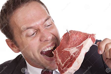 Man Taking Bite Out of Raw Steak Stock Photo - Image of adult, fork ...