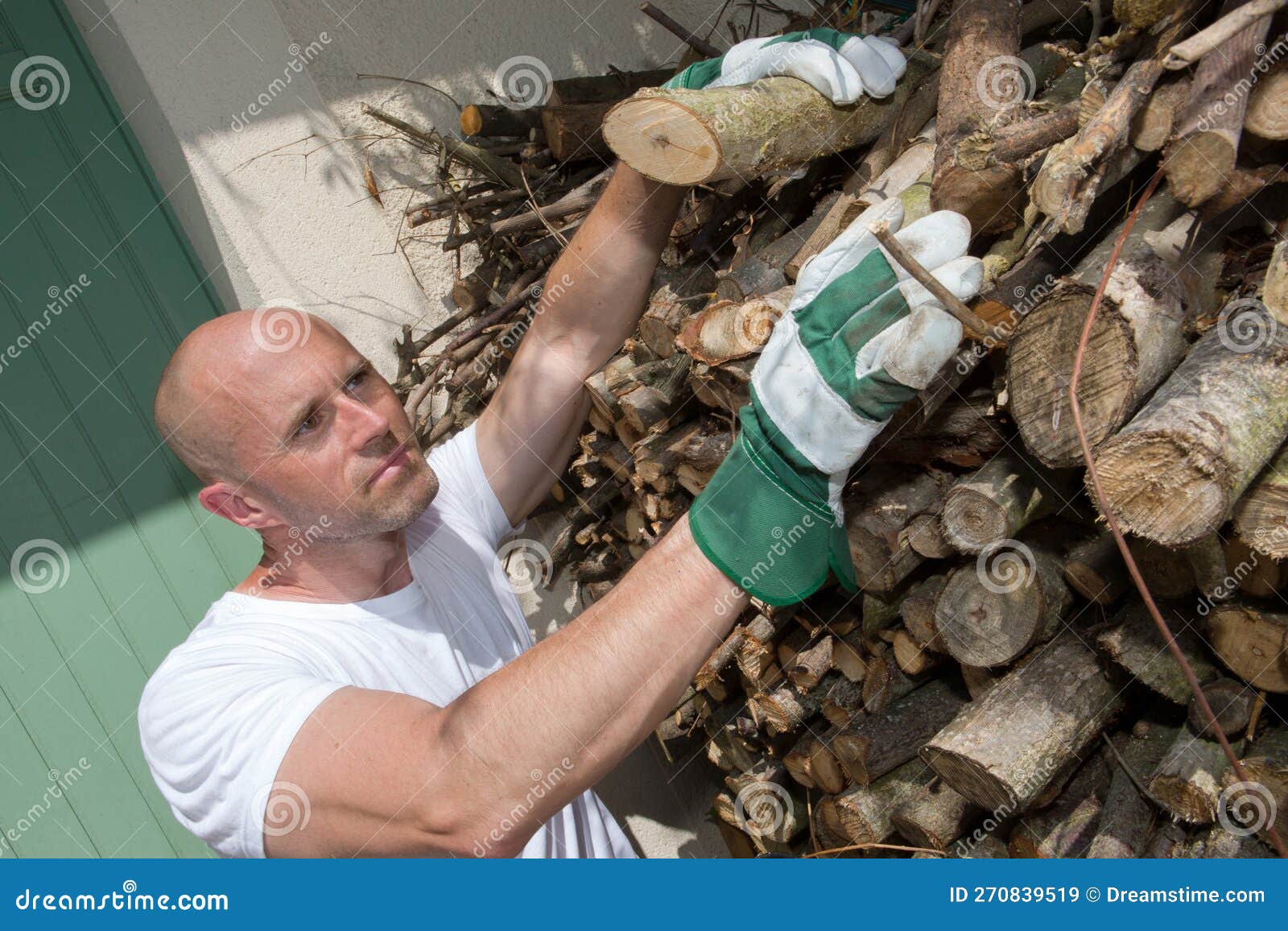 Man taking logs from stack stock image. Image of balding - 270839519