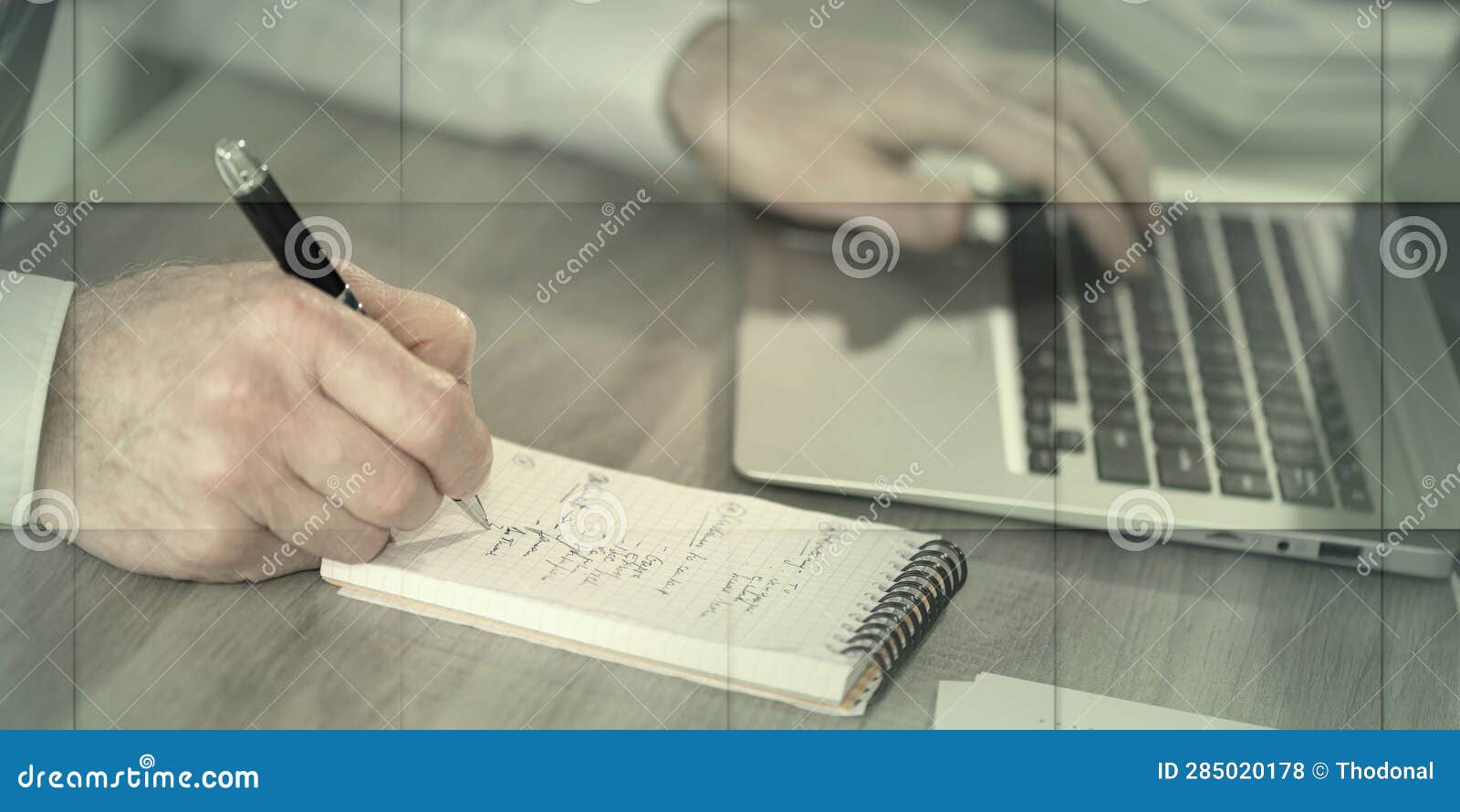 Man Taking Notes while Using Laptop, Geometric Pattern Stock Photo ...