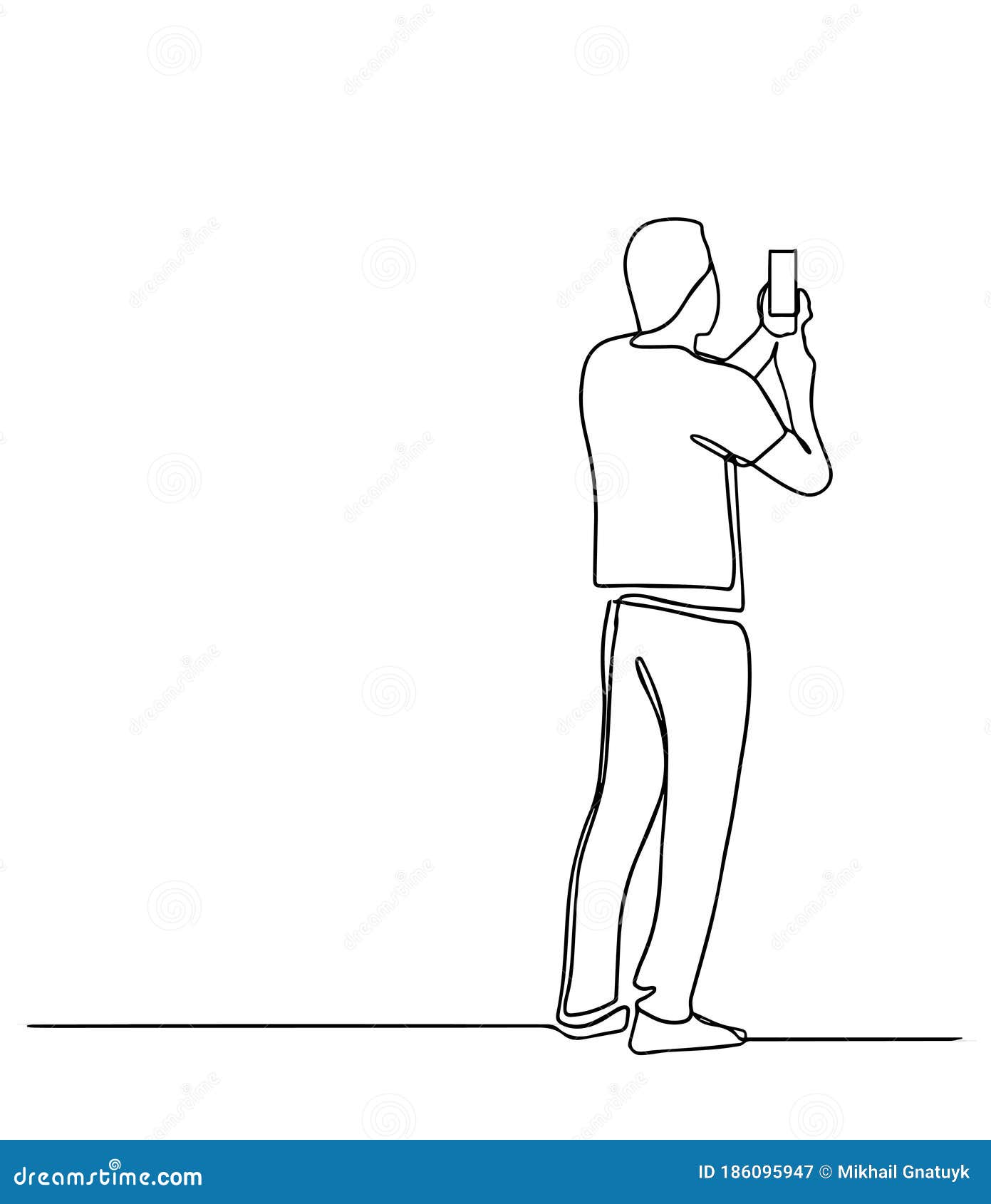 Man Taking Photo with Smartphone One Line Drawing. Side View. Man ...
