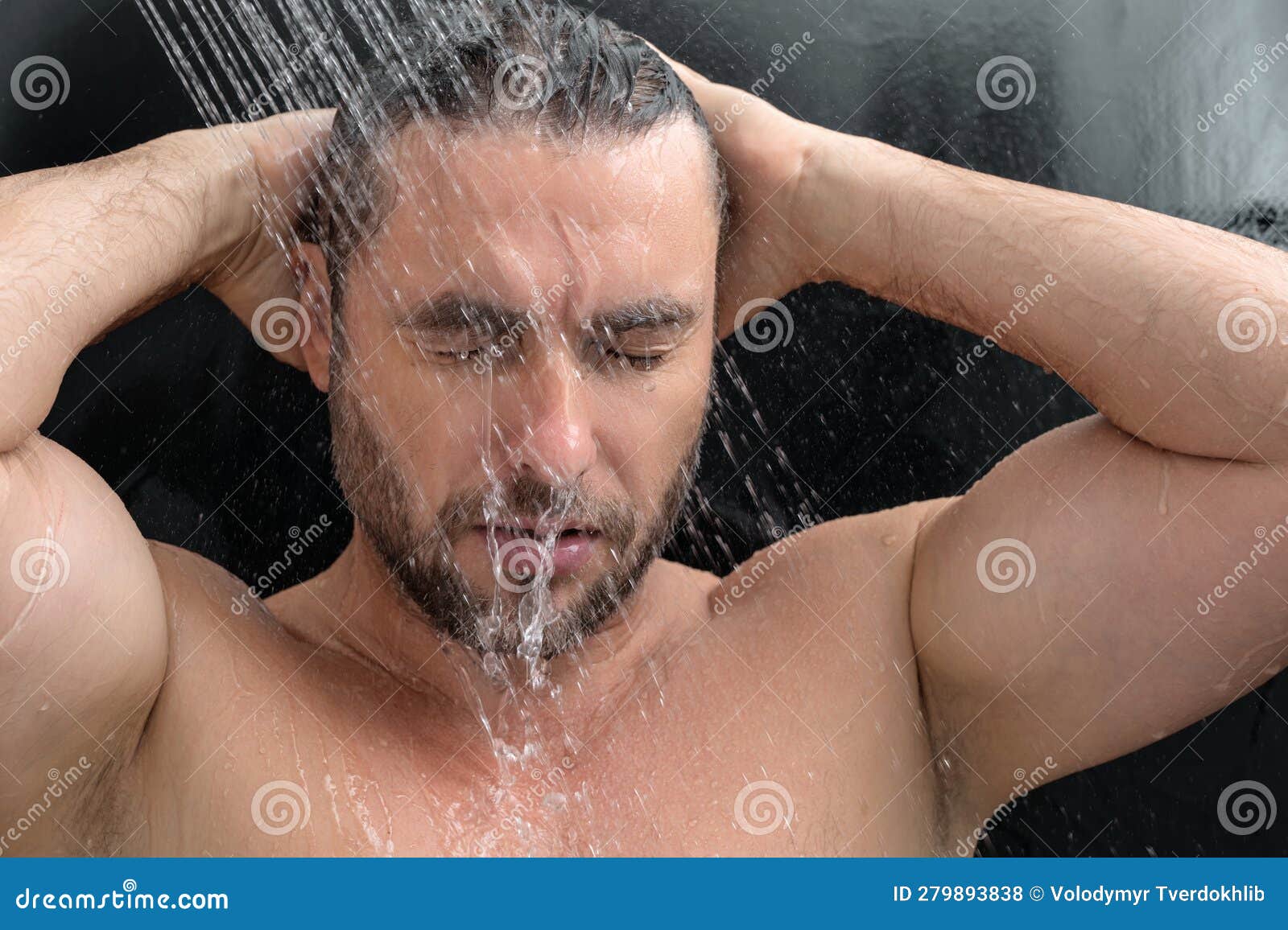 Man Taking A Shower Washing Hair With Shampoo Under Water Falling From
