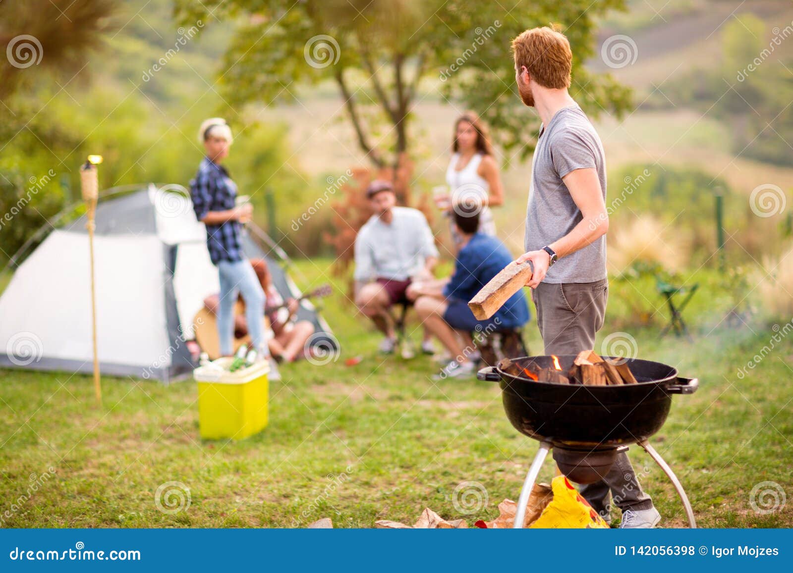 Man Talk with Friends while Preparing Fire Stock Photo - Image of ...