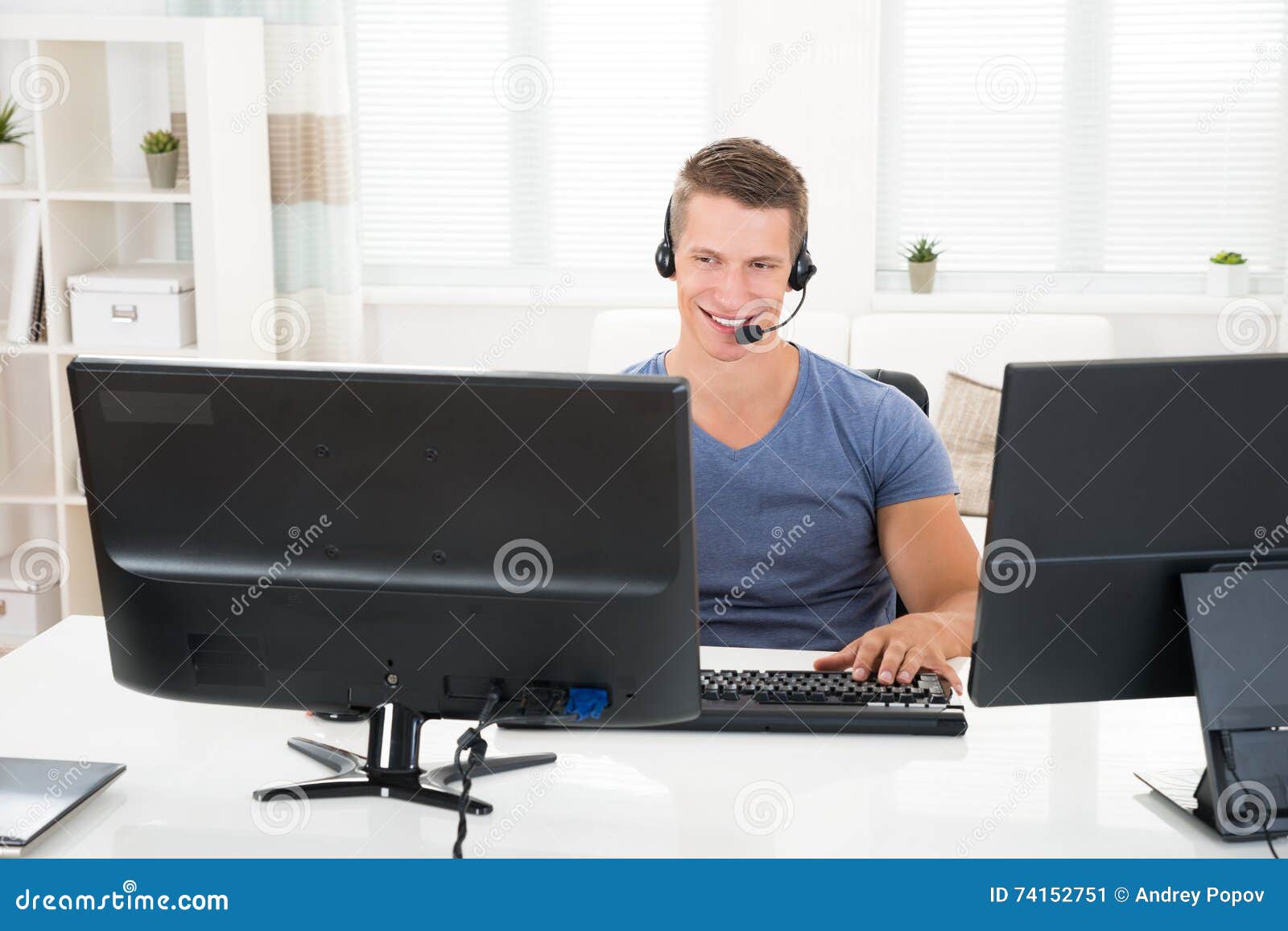 Man Talking with Headset on Computer Stock Image - Image of electronic ...