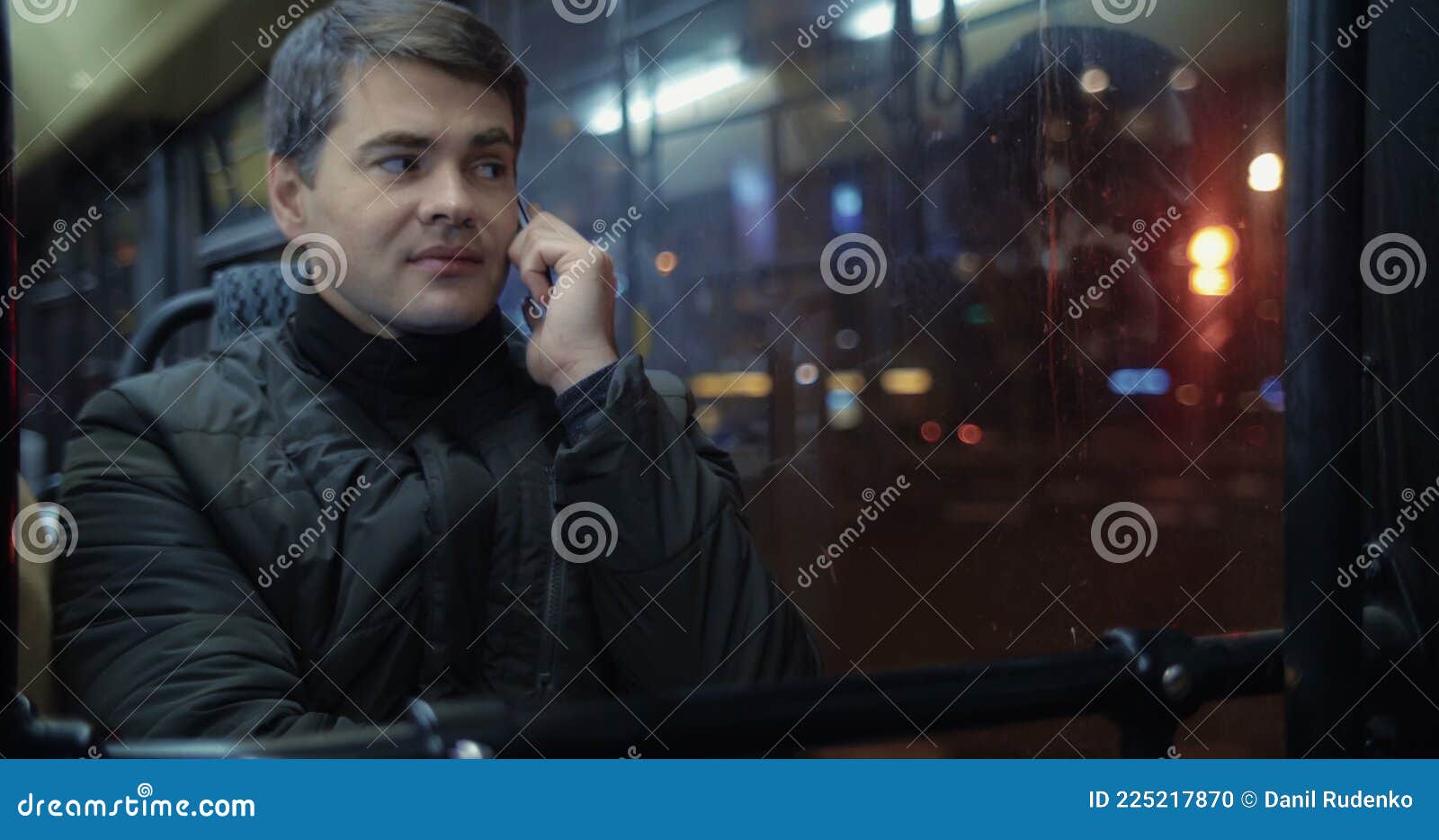 Man Talking on the Phone in Bus Stock Photo - Image of call, brunet ...