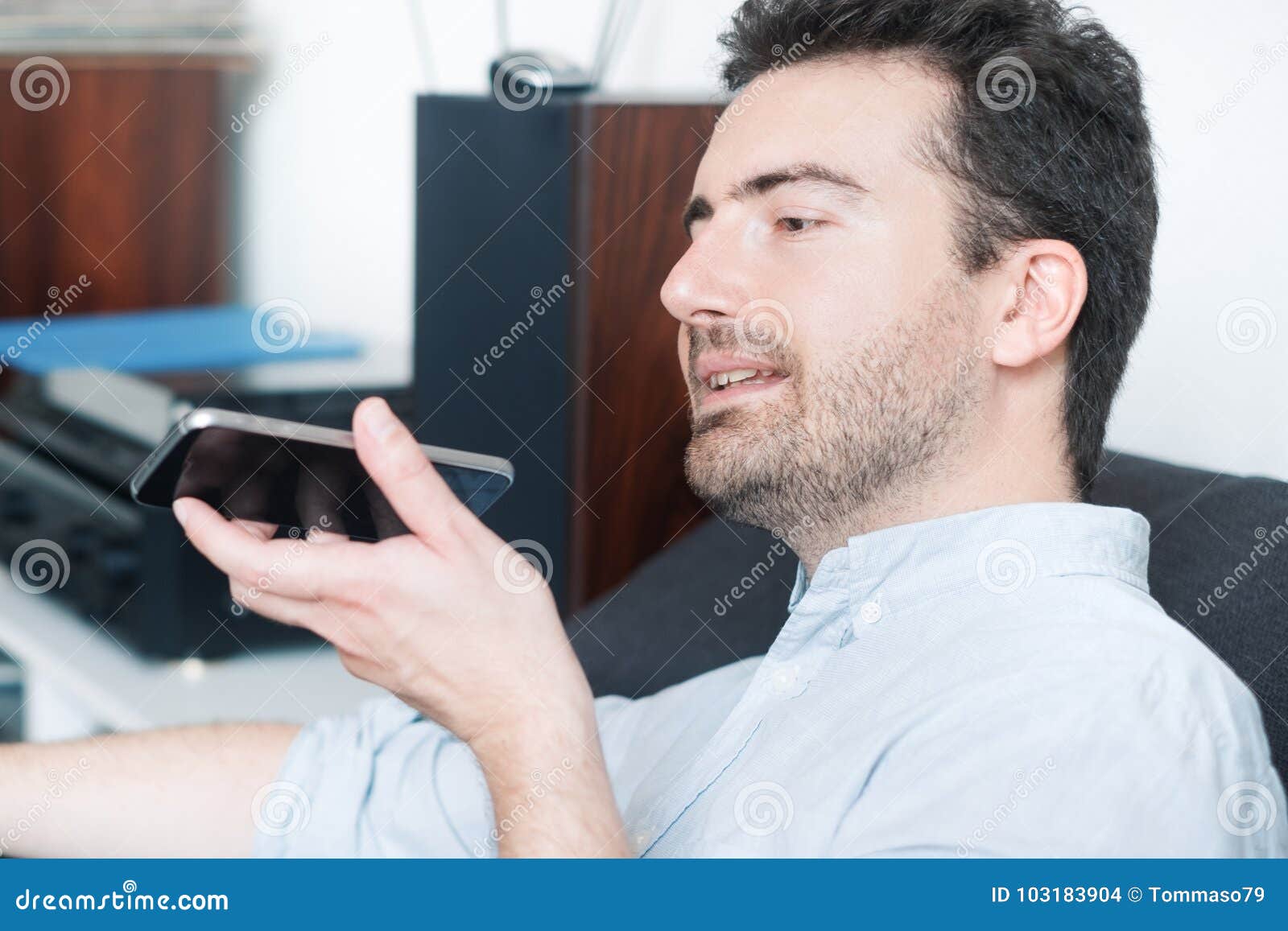 Man Talking on the Phone with the Digital Voice Assistant Stock Photo ...