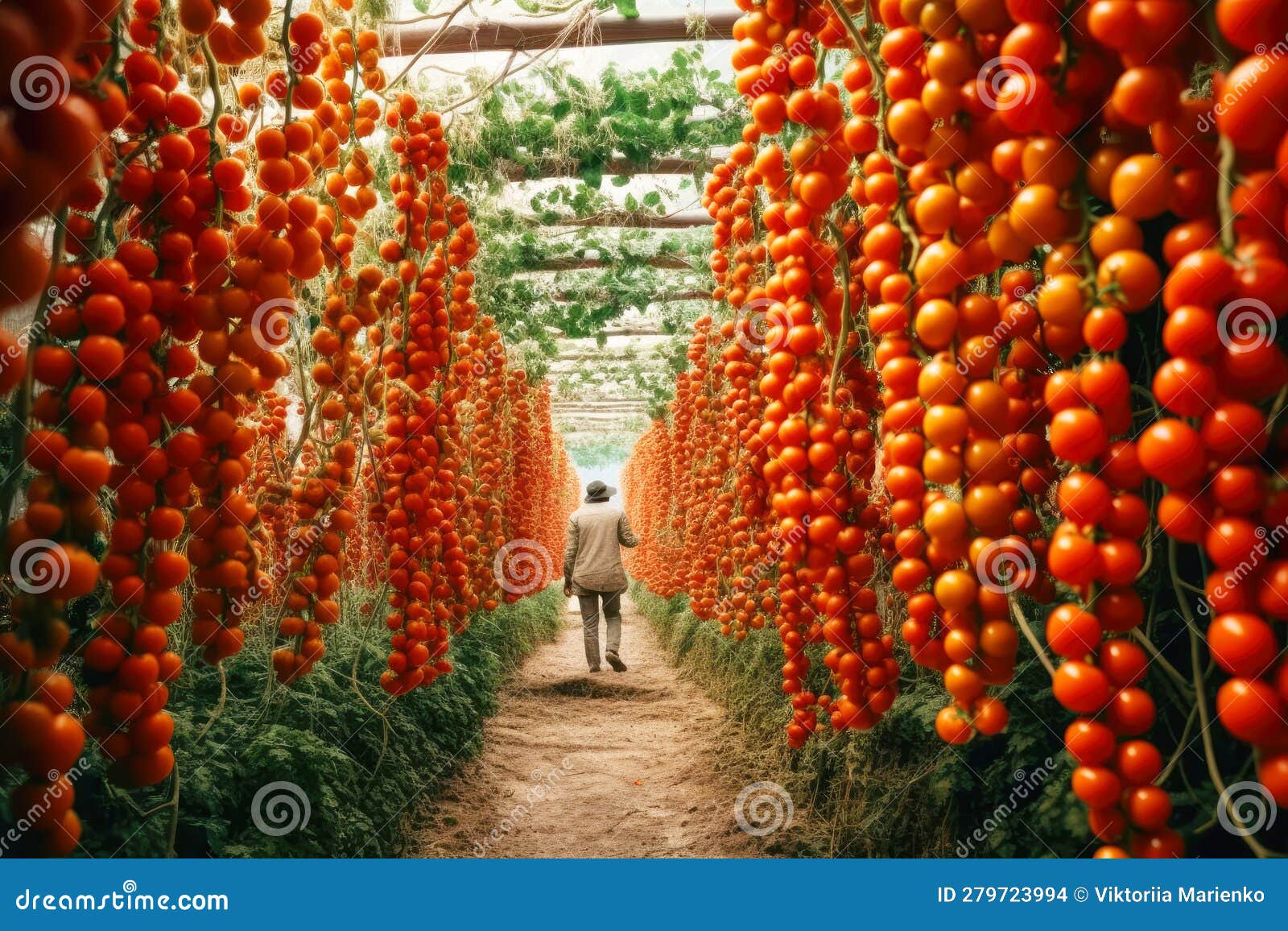 A Man among Tall Hanging Tomatoes. Generative AI Stock Illustration ...