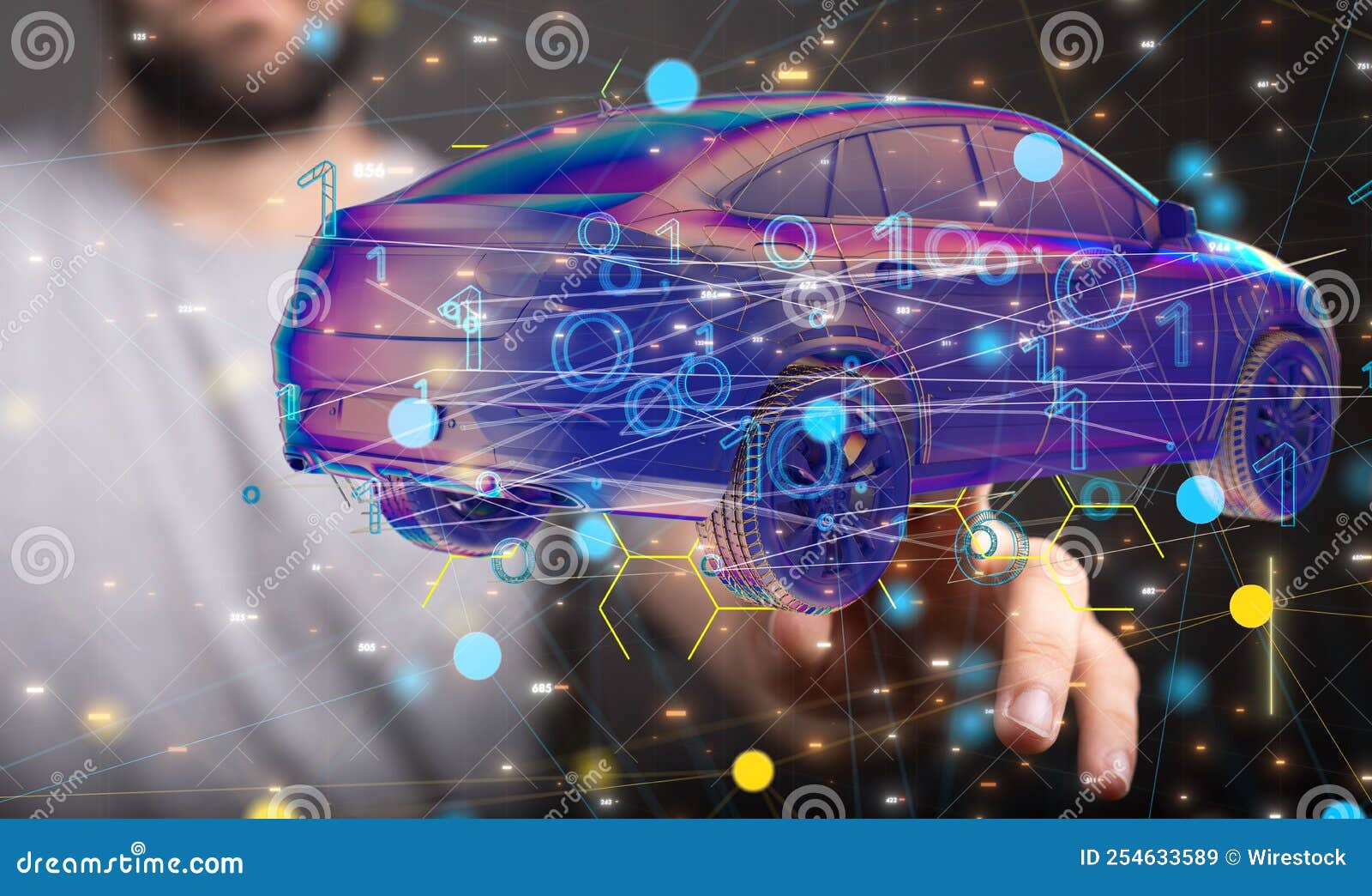 Man Tapping on a 3D Rendering of a Floating Holographic Smart Car Stock ...