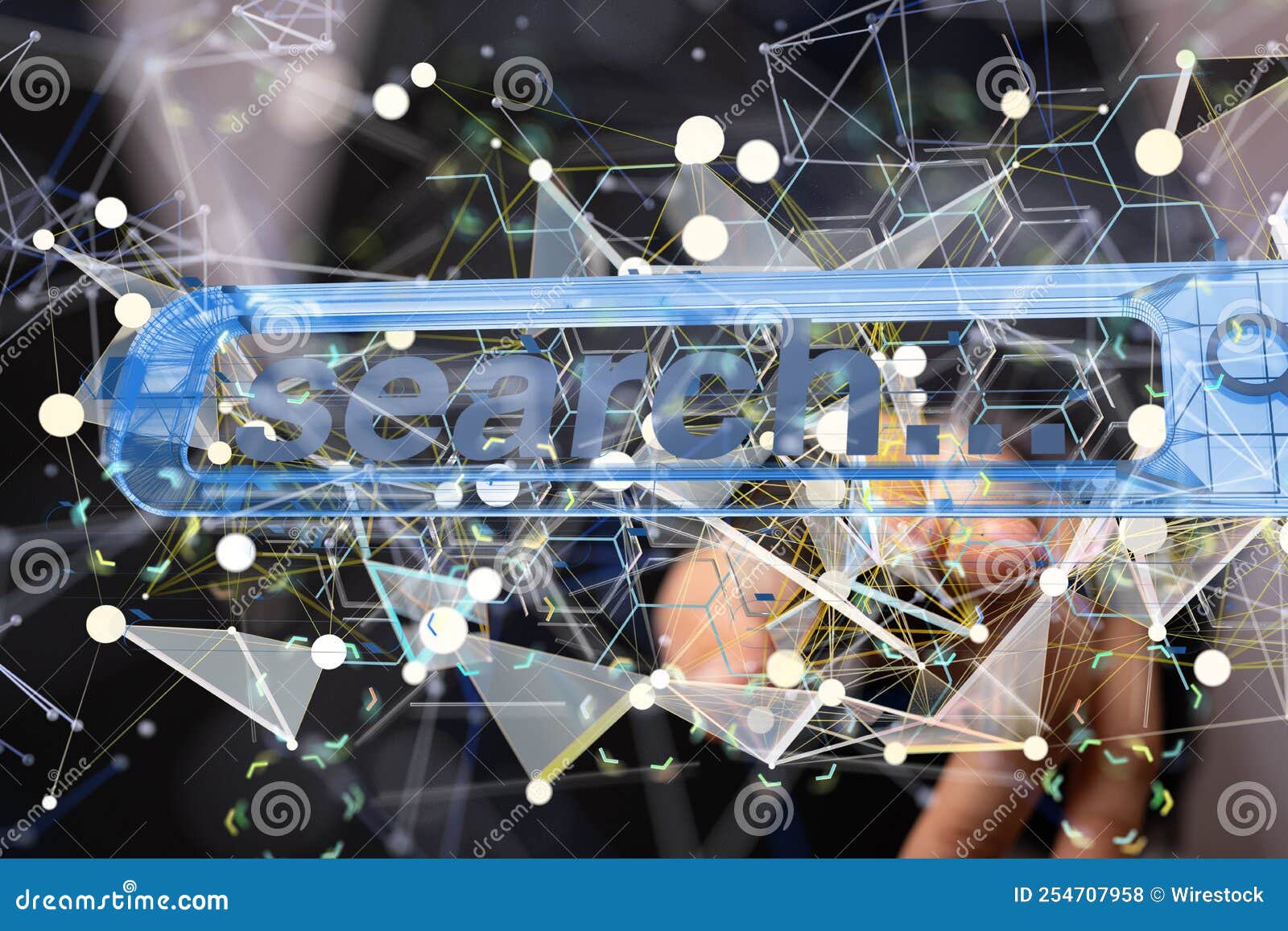 Man Tapping on the Digital Render of Floating Network and Search Icon ... Man Tapping on the Digital Render of Floating Network and Search Icon ...