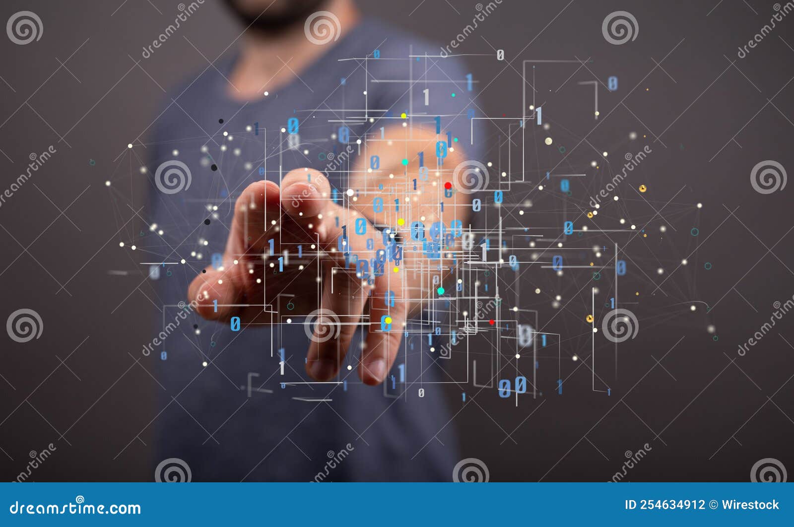 Man Tapping On A Floating Digital Render Of A Binary Code Network Stock