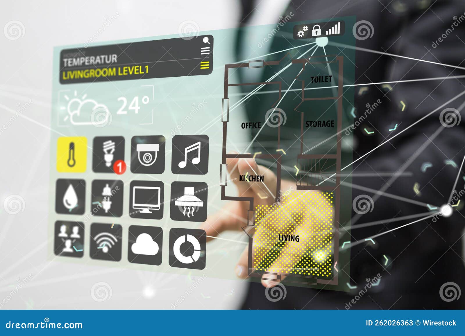 Man Tapping on a Hologram of a Home Control System Interfa Stock Image ...