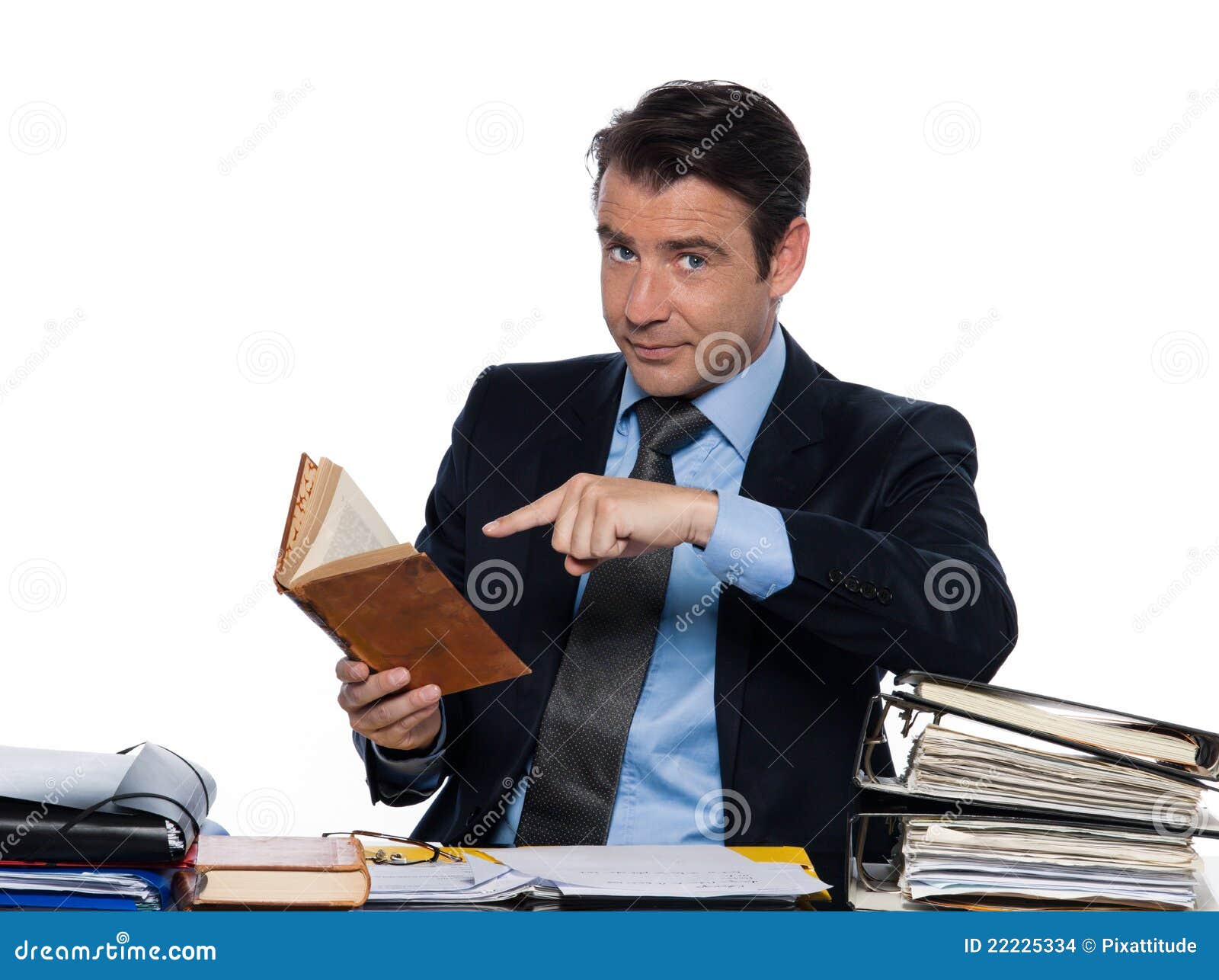Man Teacher Reading Pointing Book Stock Photo - Image of desktop, files ...
