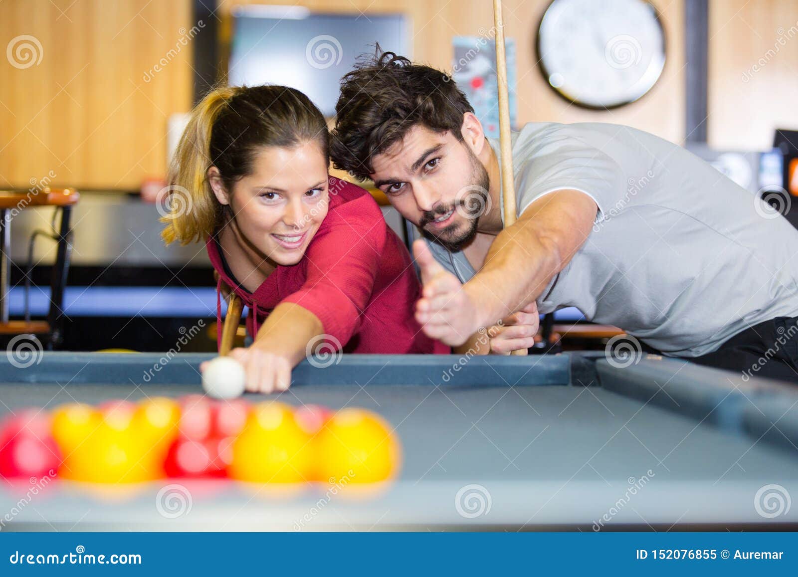 Man Teaching Girl To Play Billiards Stock Image - Image of colorful ...