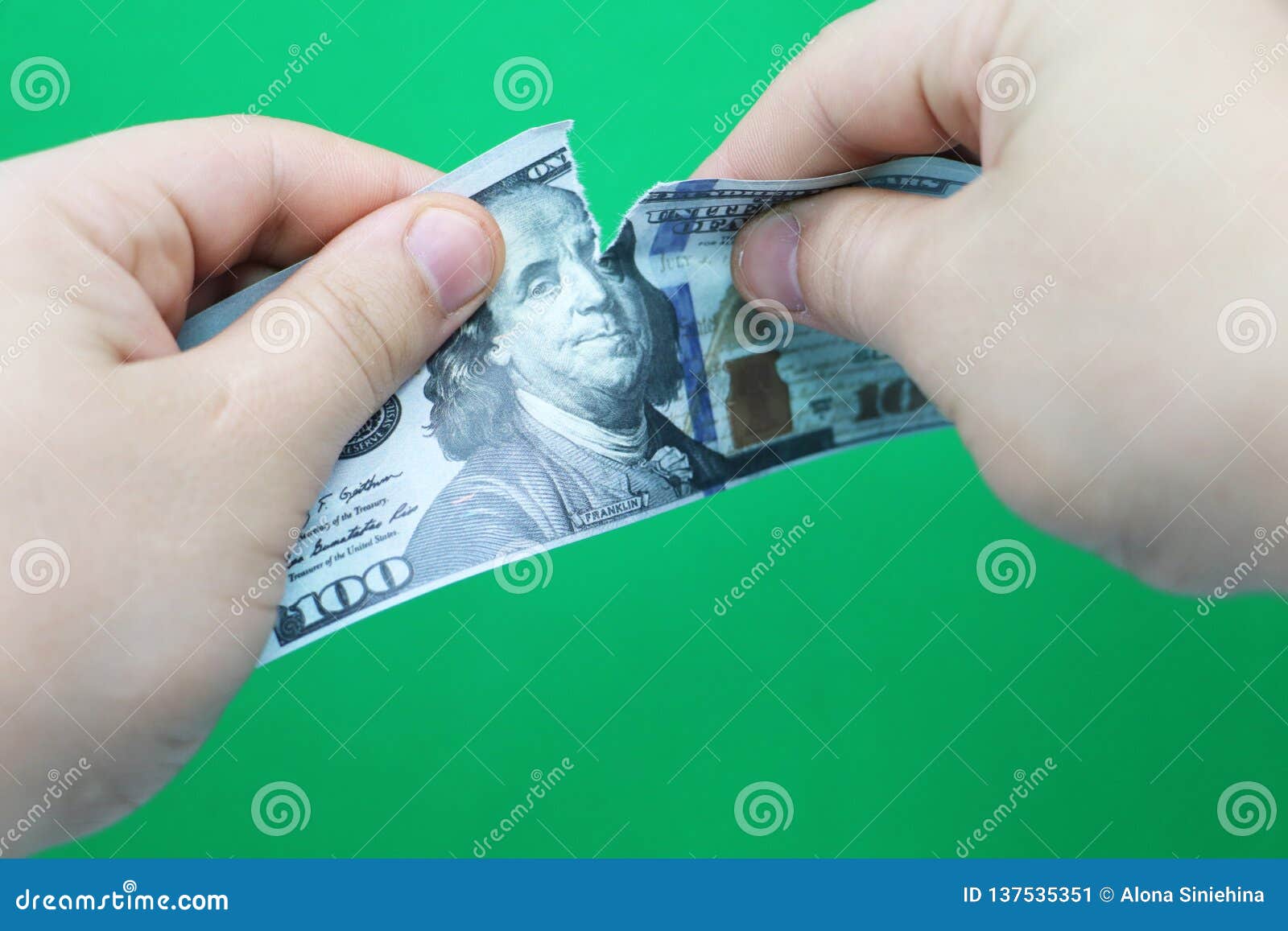 Man Tearing Dollars on Green Background Stock Image - Image of hand ...