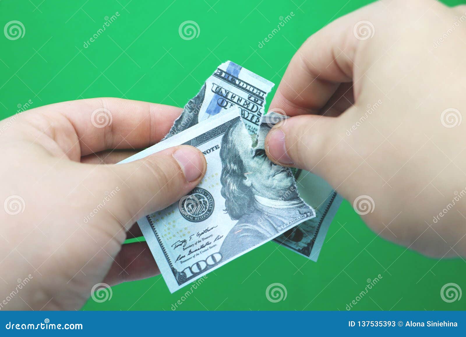 Man Tearing Dollars on Green Background Stock Image - Image of business ...