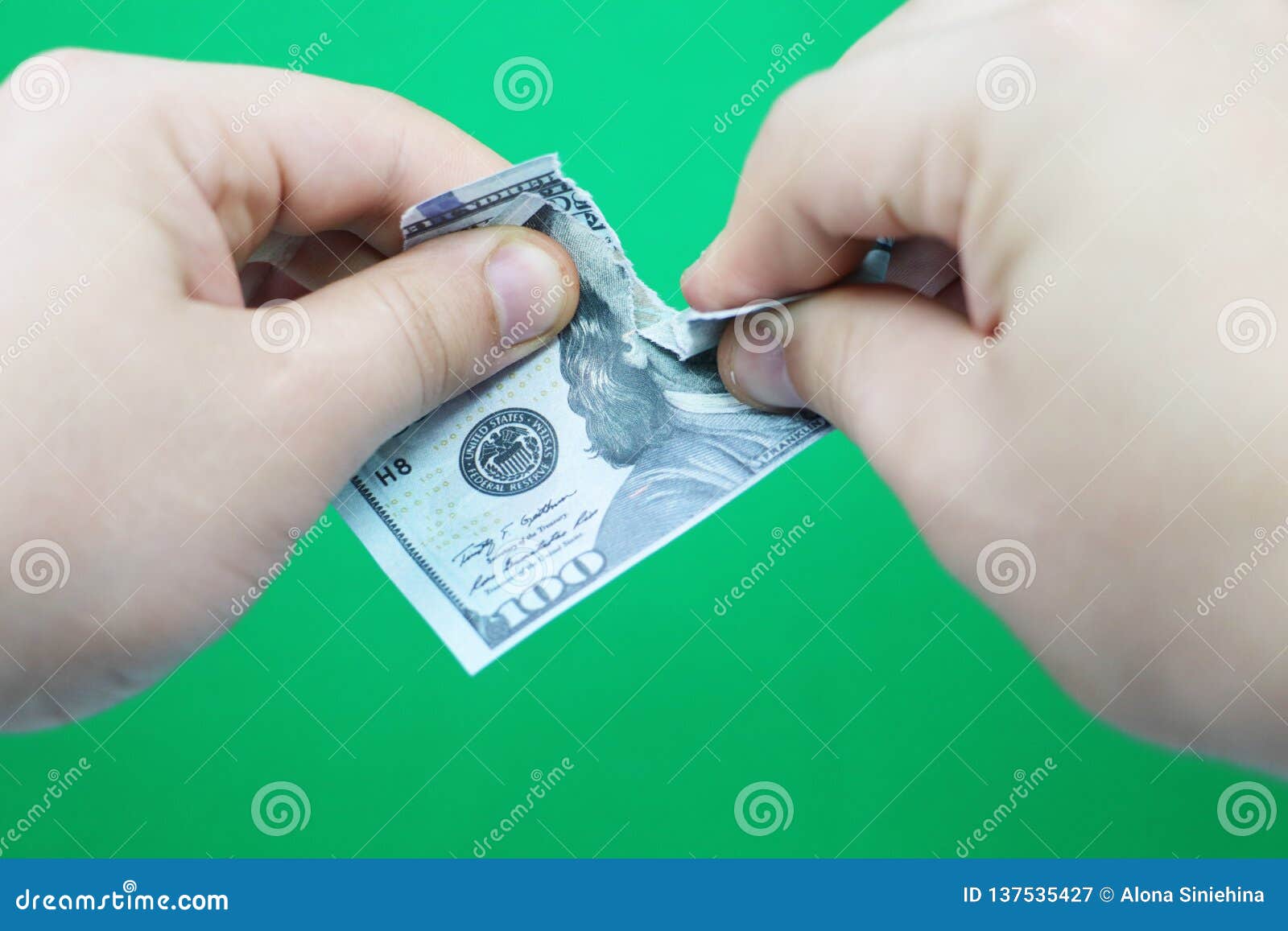 Man Tearing Dollars on Green Background Stock Image - Image of downturn ...