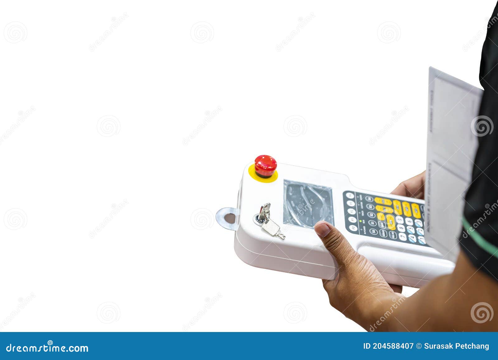 Man or Technician Holding Remote for Control Control Automatic Robot or ...