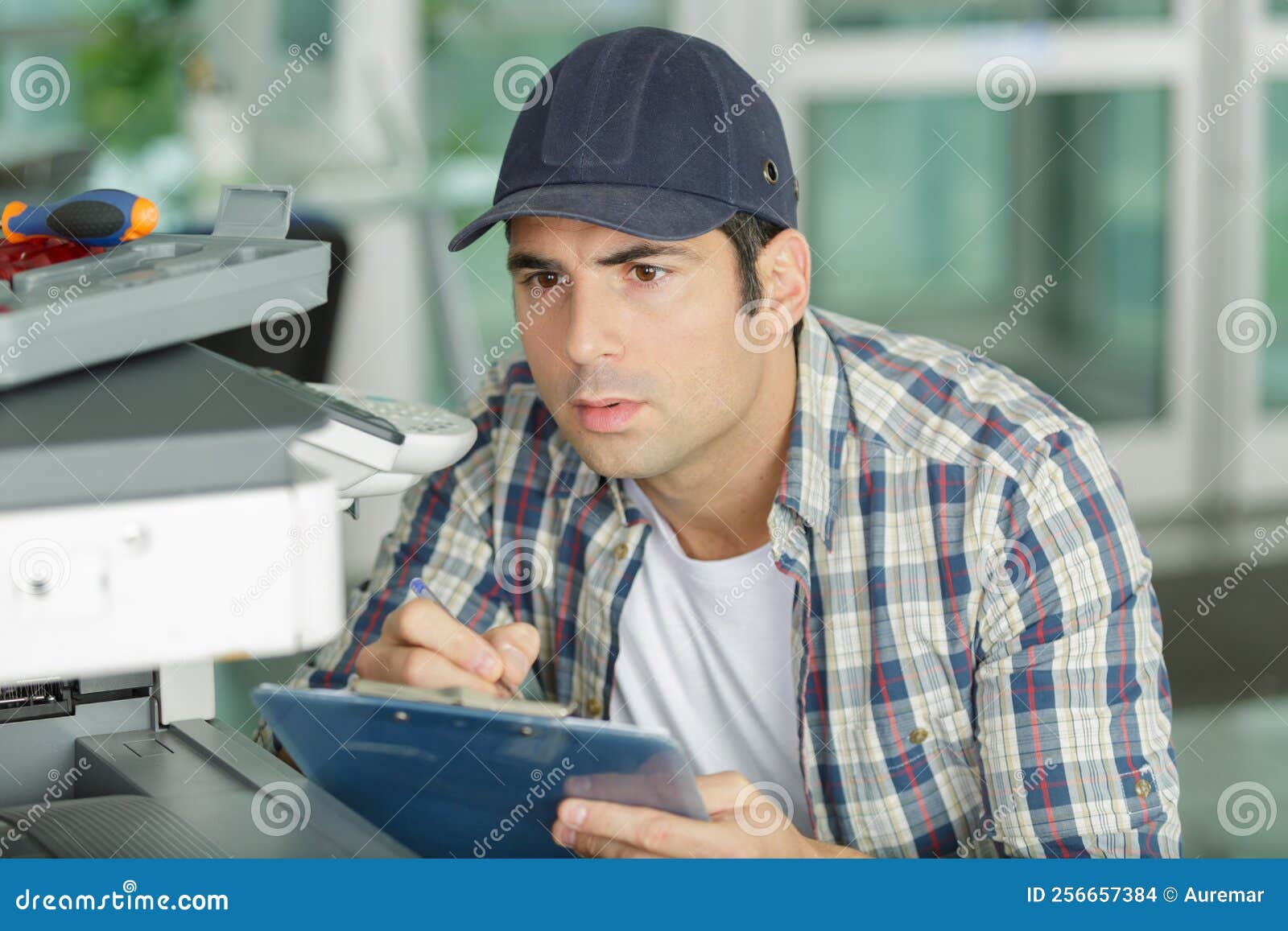 Man Technician Repairing Printer Stock Photo - Image of middleaged ...