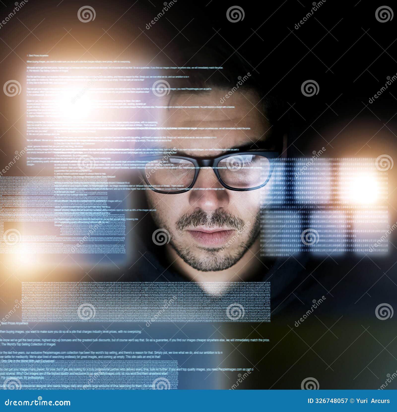 Man, Technology and Coding with Overlay at Night for Career As Data ...