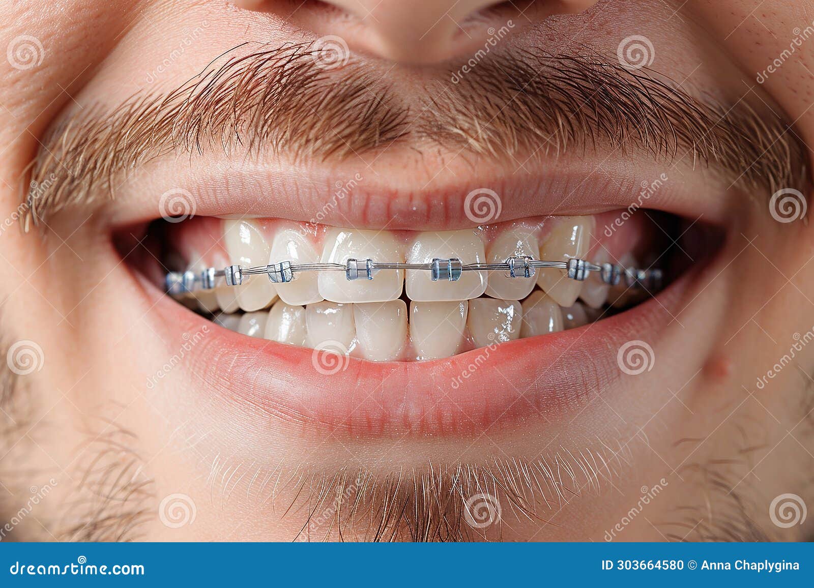 Man Teeth with Clear Brackets and Metal Wires, Closeup Stock Photo ...