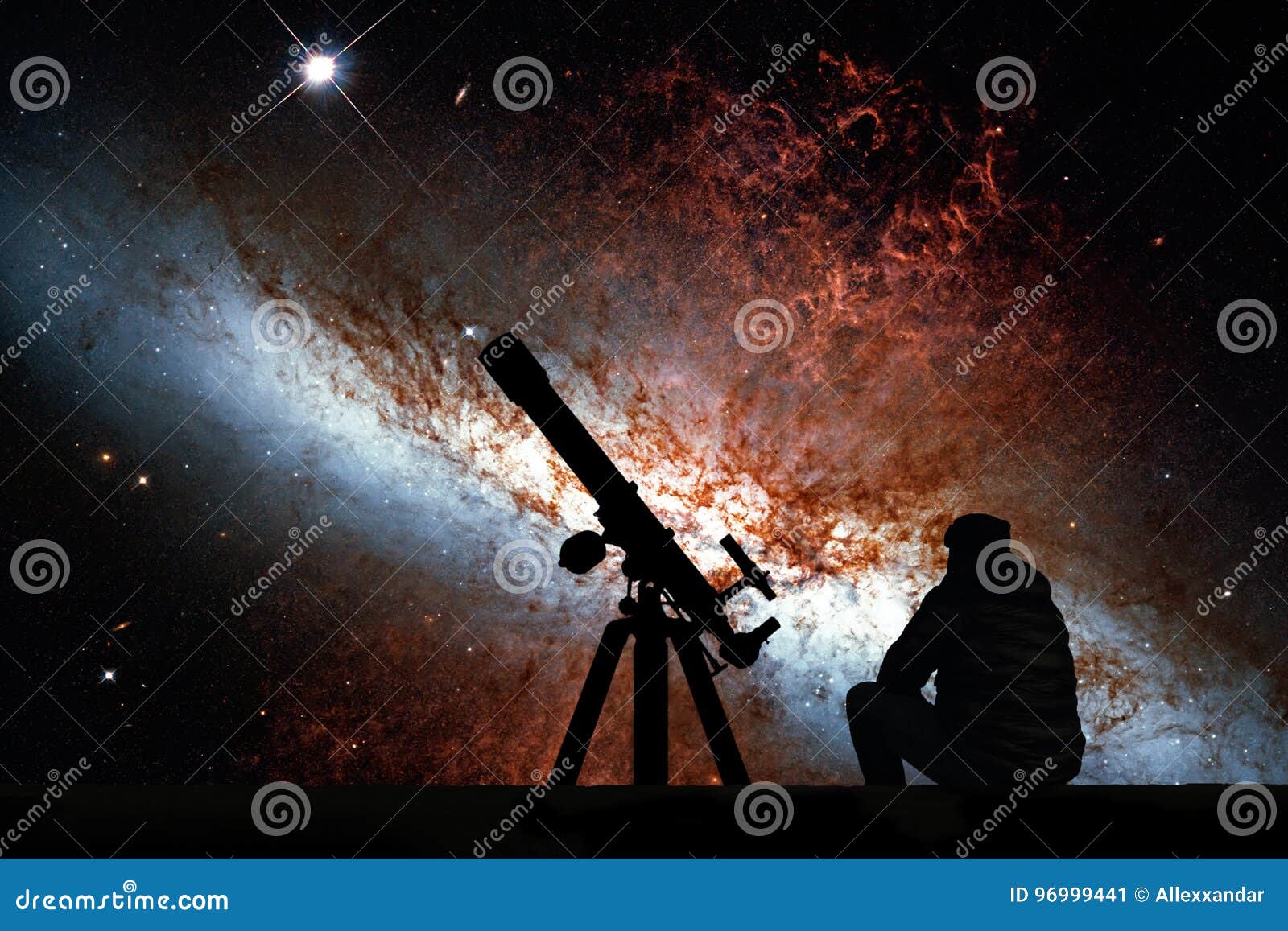 Man with Telescope Looking at the Stars. Messier 82 Stock Image - Image ...