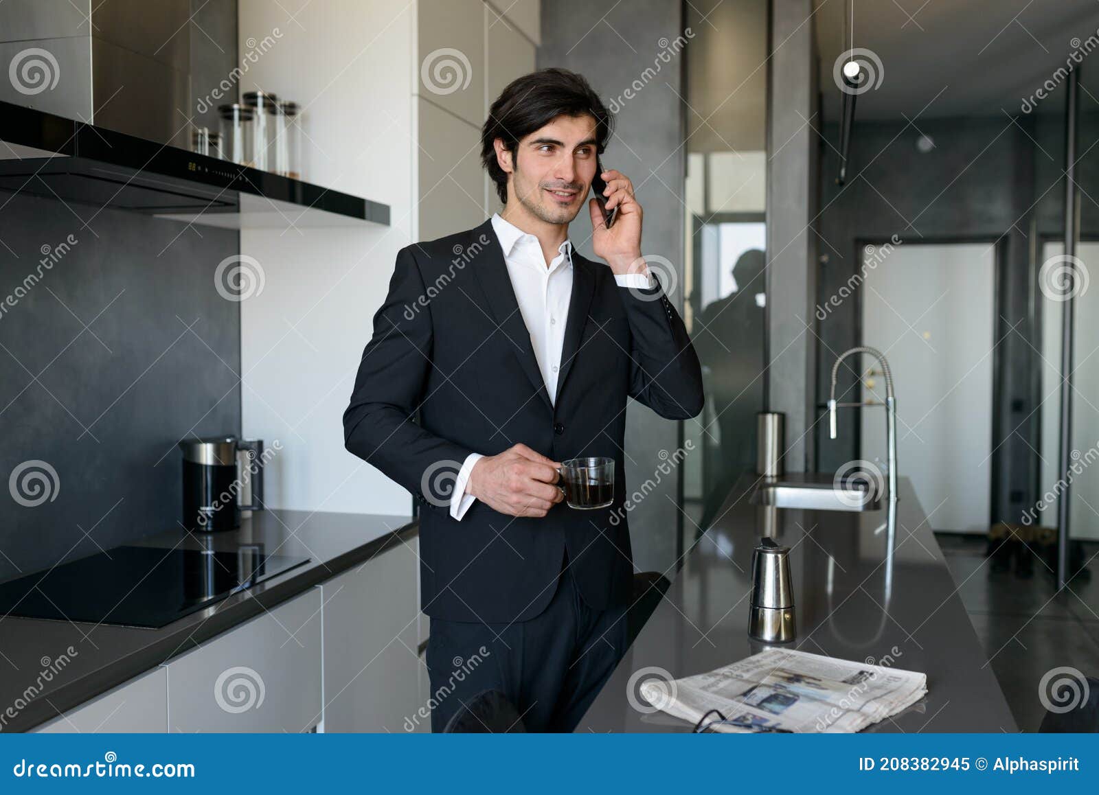 Man Teleworker Works at Home with a Smartphone. Stock Image - Image of ...