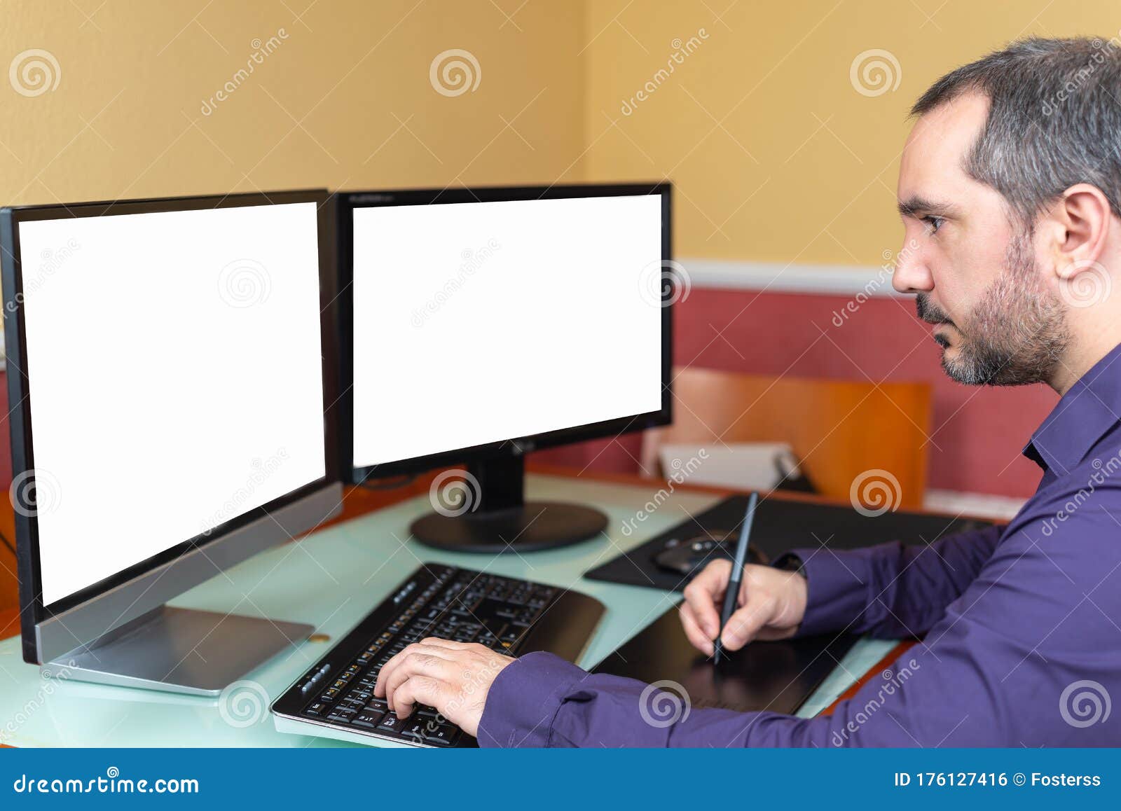 Man Teleworking in House with Two Screens Stock Photo - Image of ...