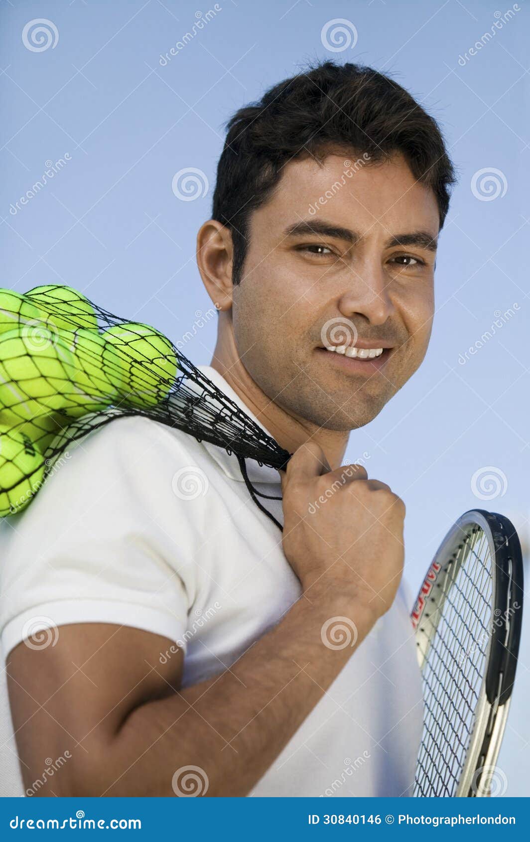 Man with Tennis Balls and Racket Outdoors Portrait Stock Photo - Image ...