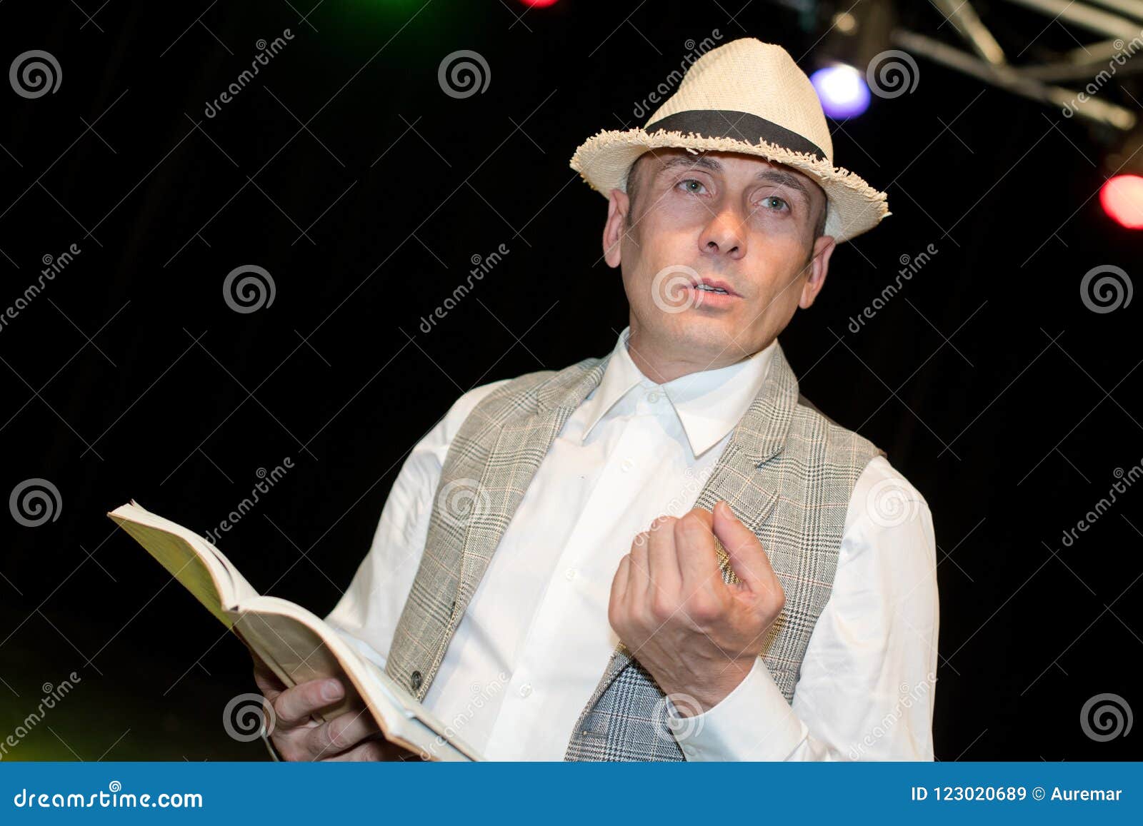 Man theatre actor on stage stock image. Image of confidence - 123020689