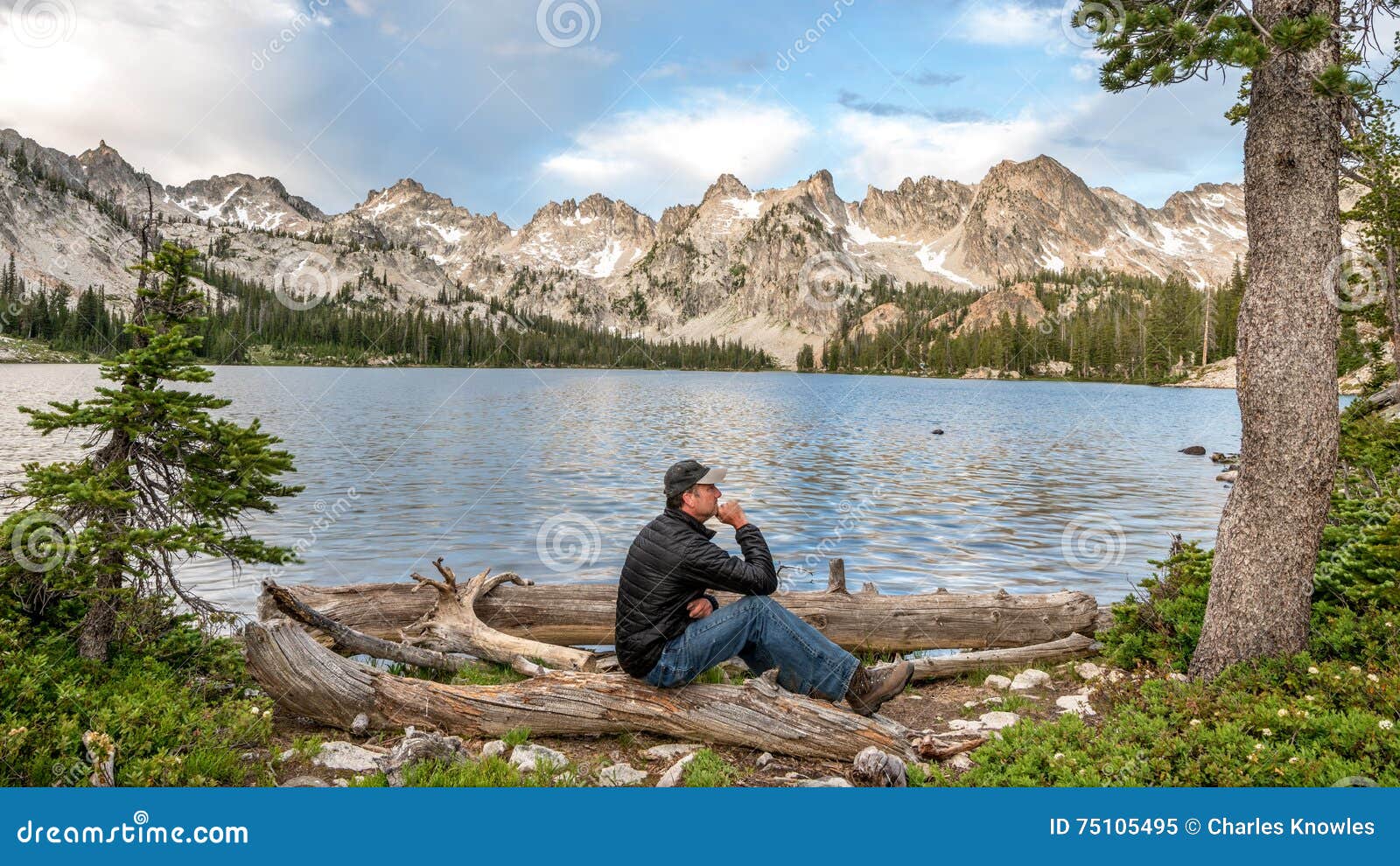 Man in the Think Position at a Mountain Lake Stock Image - Image of ...