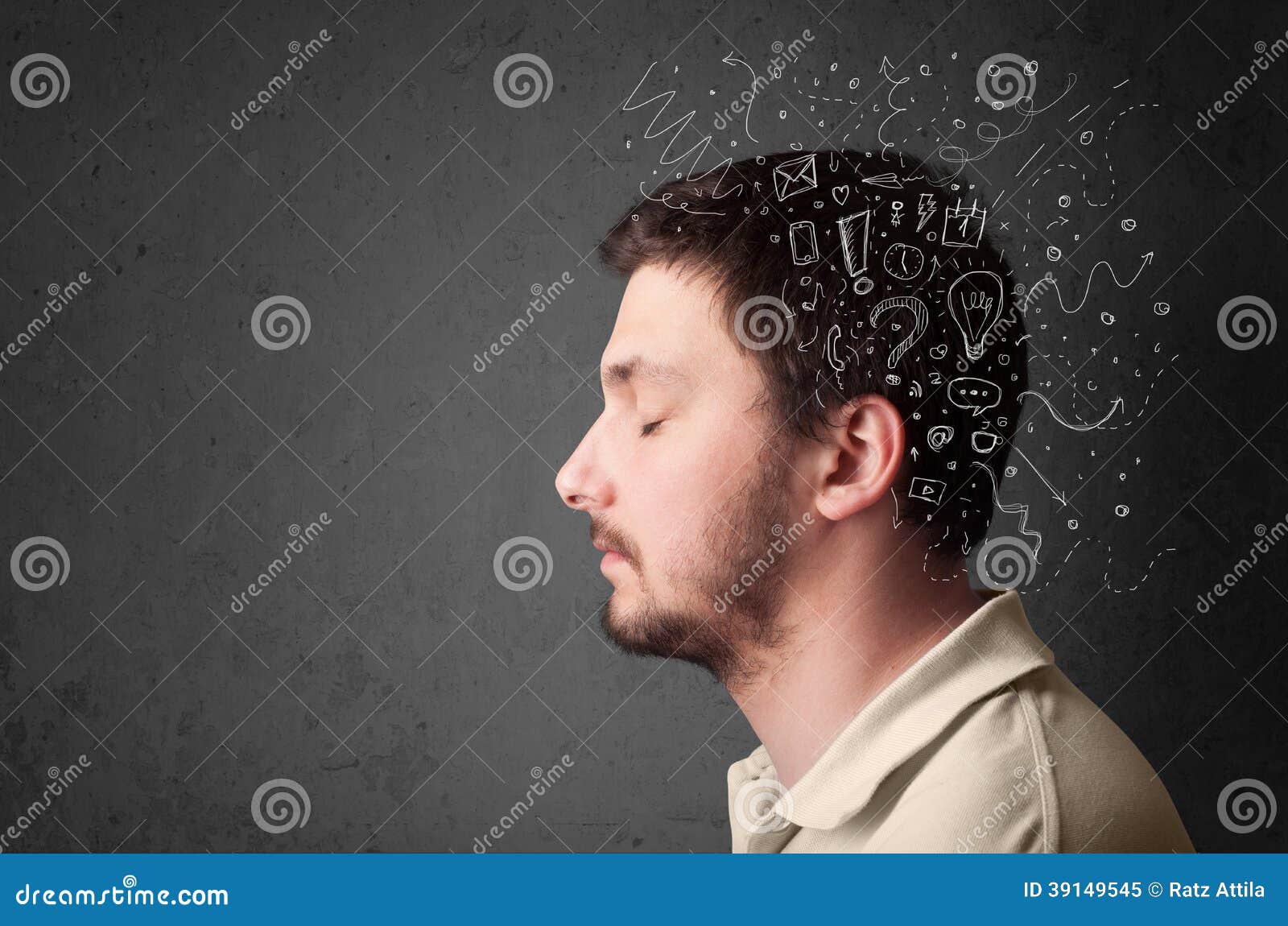 Man Thinking with Abstract Lines and Symbols Stock Image - Image of ...