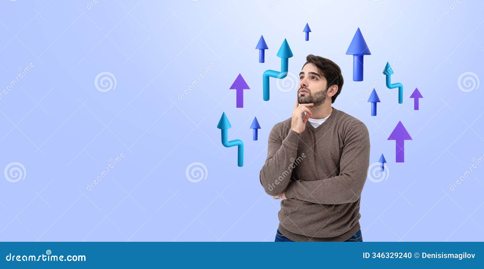 Man Thinking with Arrows Pointing Upwards, Representing Progress Stock ...