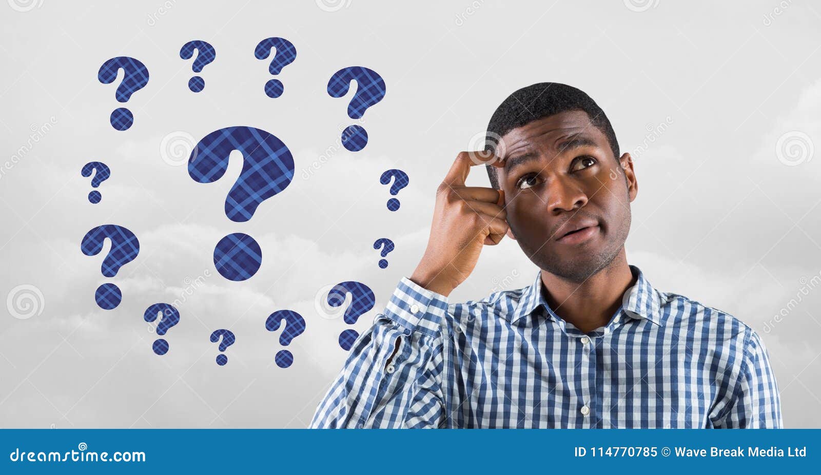Man Thinking with Blue Thatched Question Marks Stock Image - Image of ...