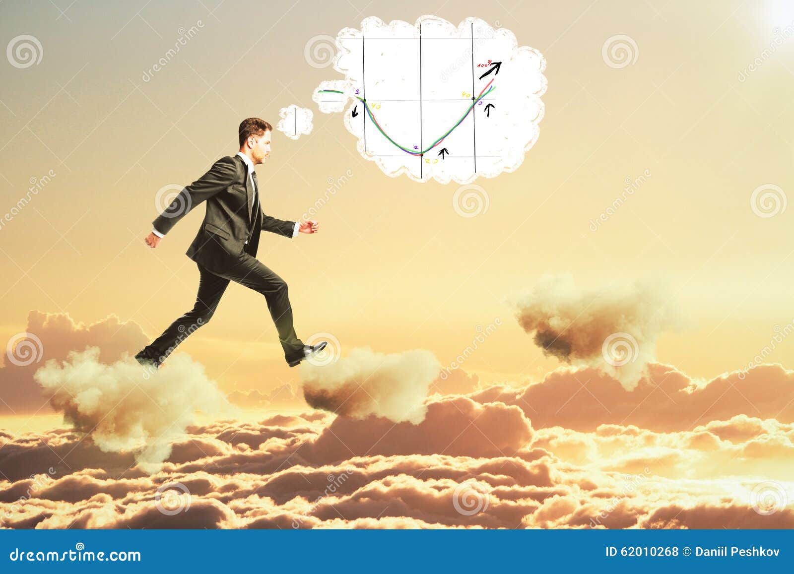 Man Thinking about Business Graph and Walking on Clouds Concept Stock ...
