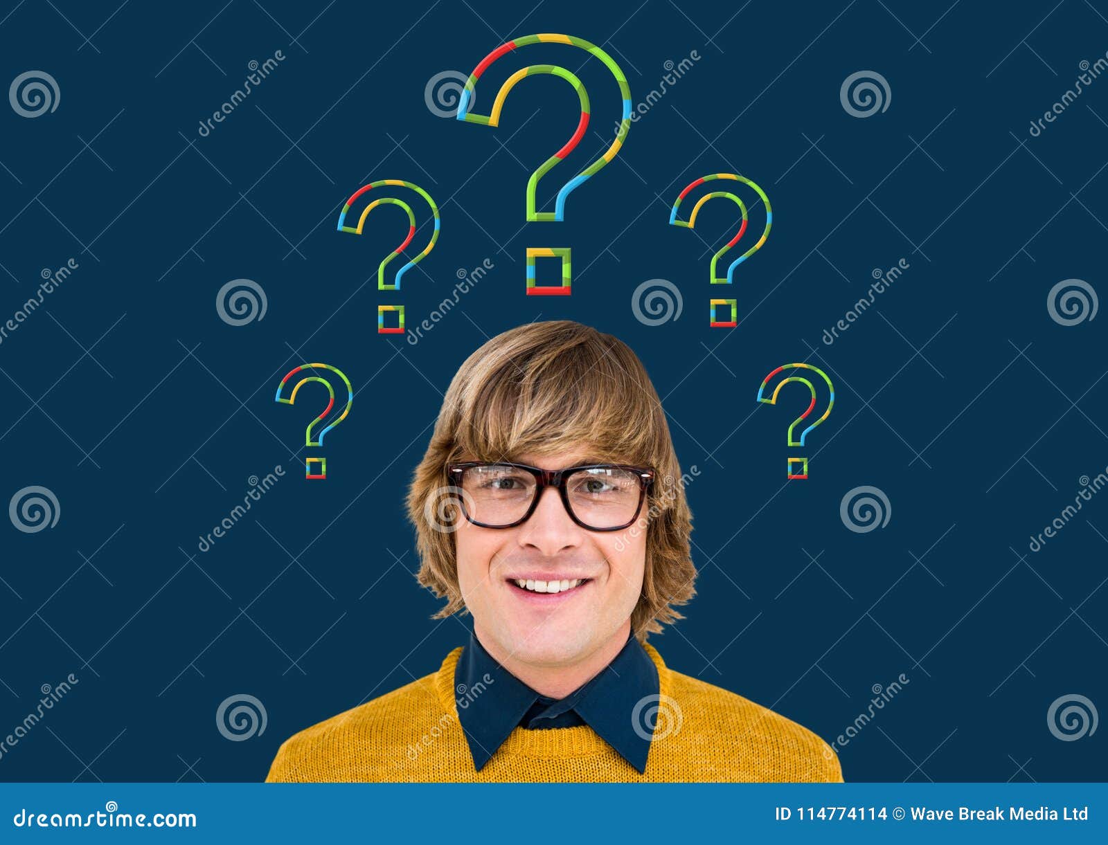 Man Thinking with Colorful Question Marks Stock Photo - Image of ...